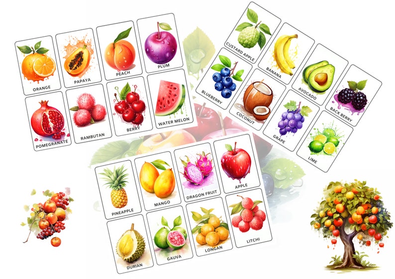 Vibrant Fruit Flash Cards Printable A4 Sheets 8 Fruits, 3 Pages ...