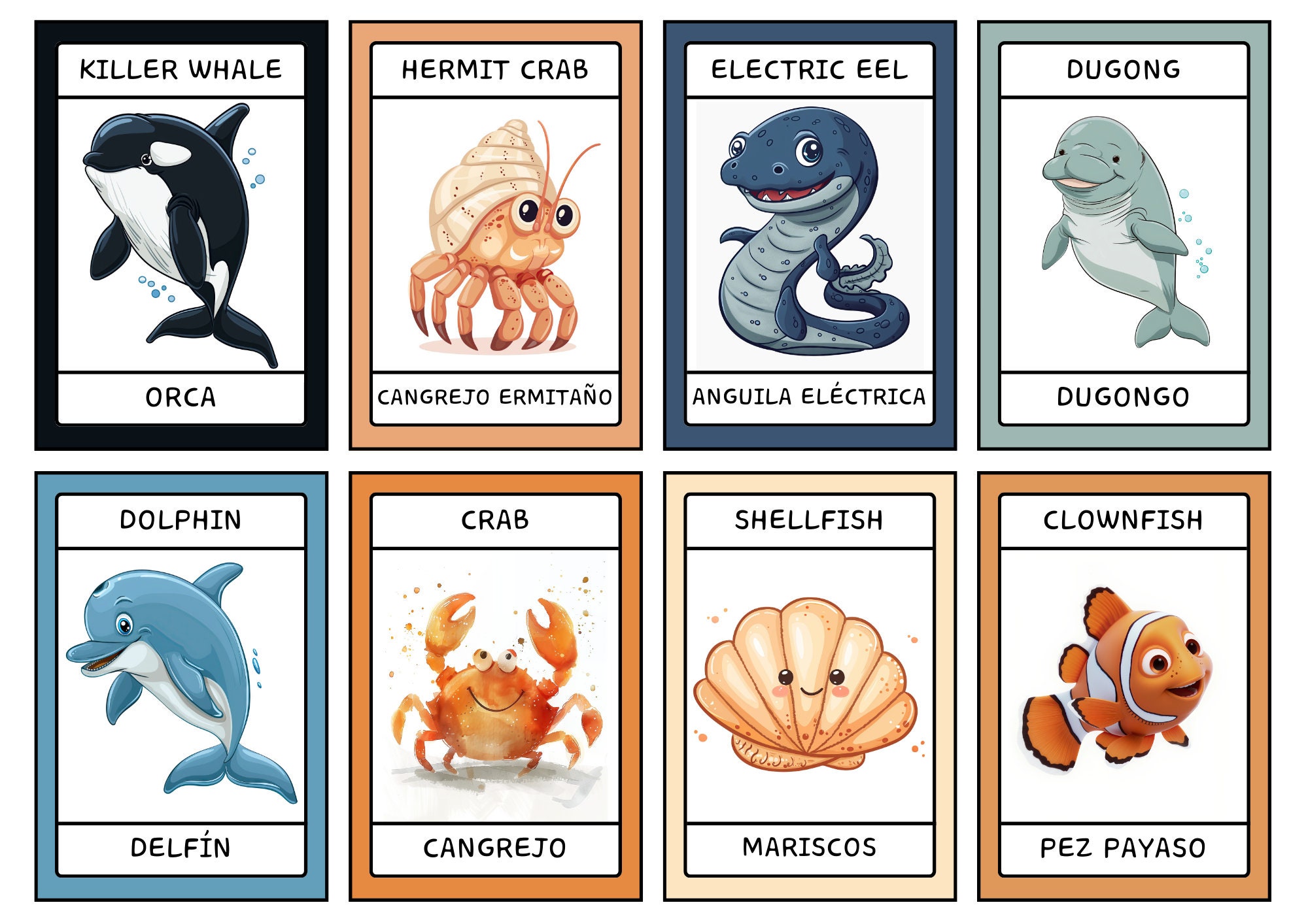 Aquatic Animals Flashcards English and Spanish Vocabulary set of 24 - Etsy