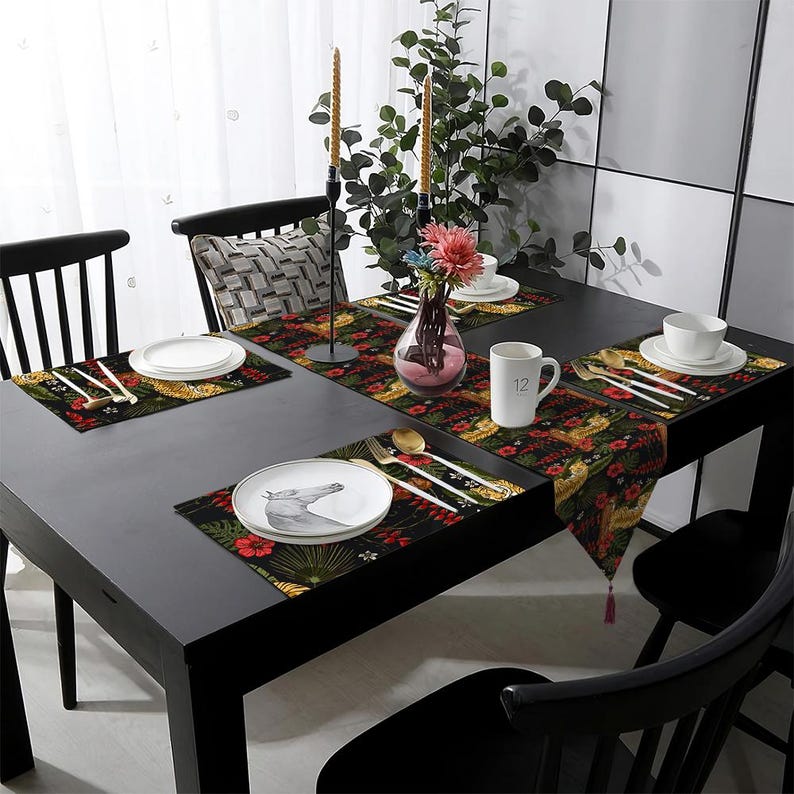 Tigers & Hibiscus Tropical Leaves Pattern | Table Runner and Placemat ...