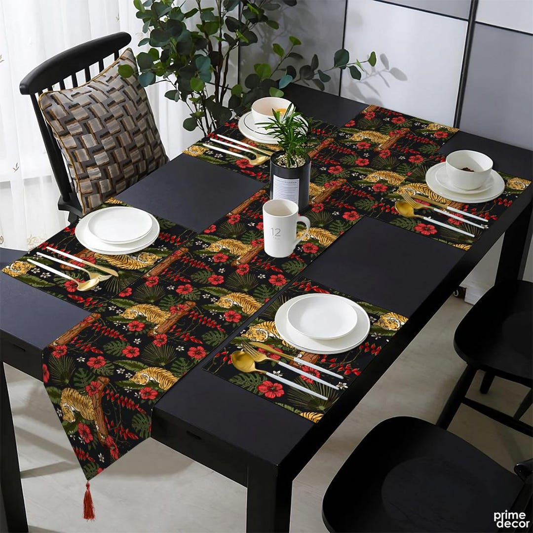 Tigers & Hibiscus Tropical Leaves Pattern | Table Runner and Placemat ...