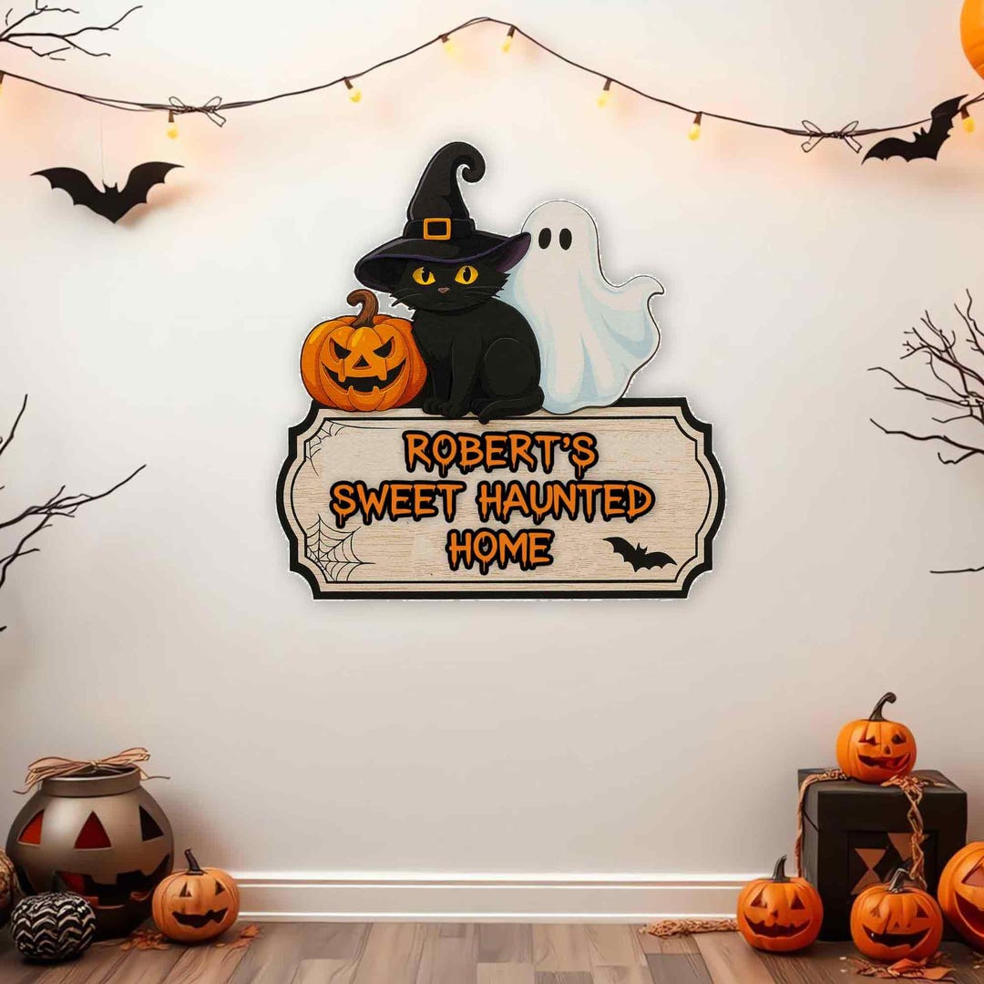 Personalized Haunted Home Sign – Halloween Witch Cat Wall Decor, Trick ...