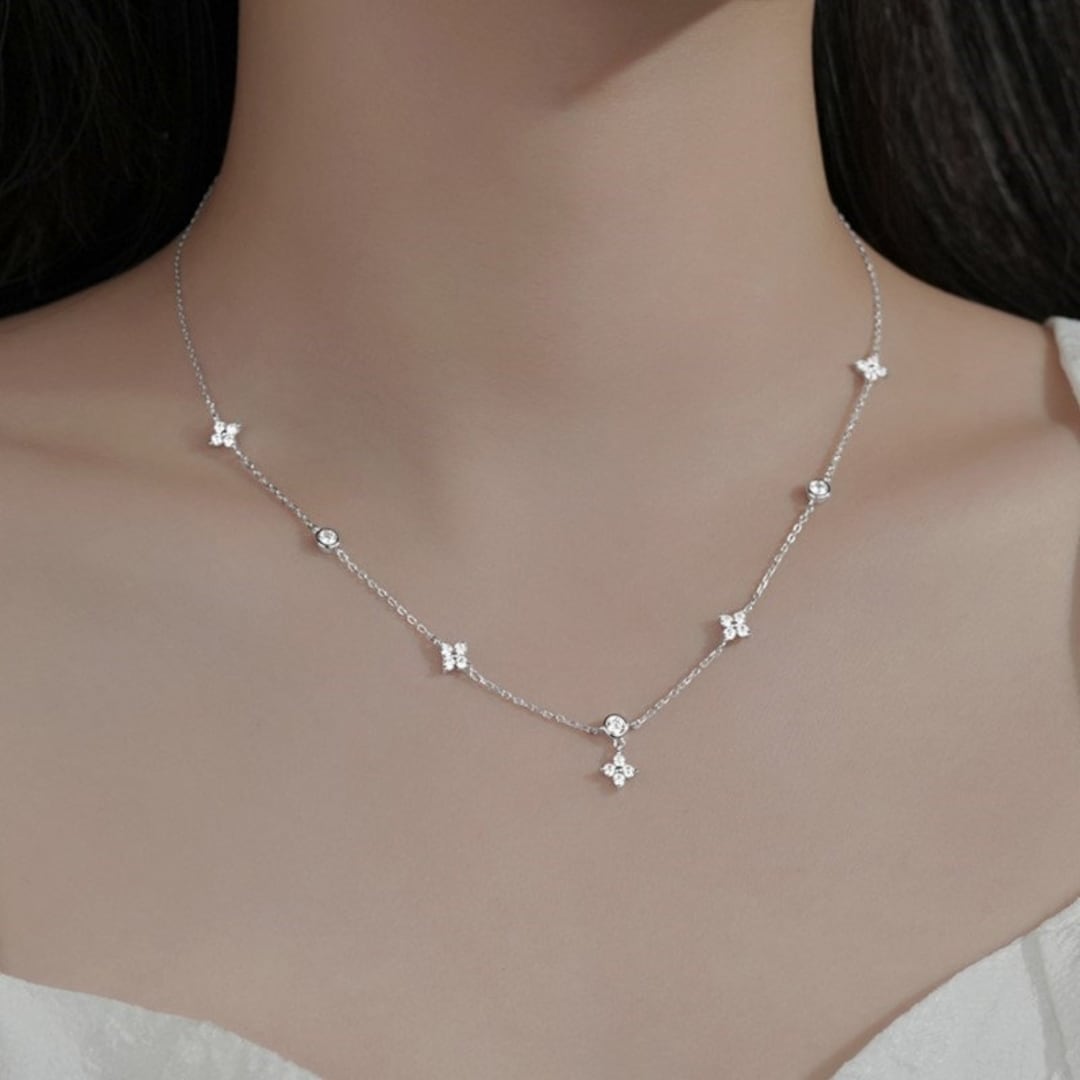 925 Sterling Silver CZ Clover Necklace 4 Leaf Clover Choker Necklace ...