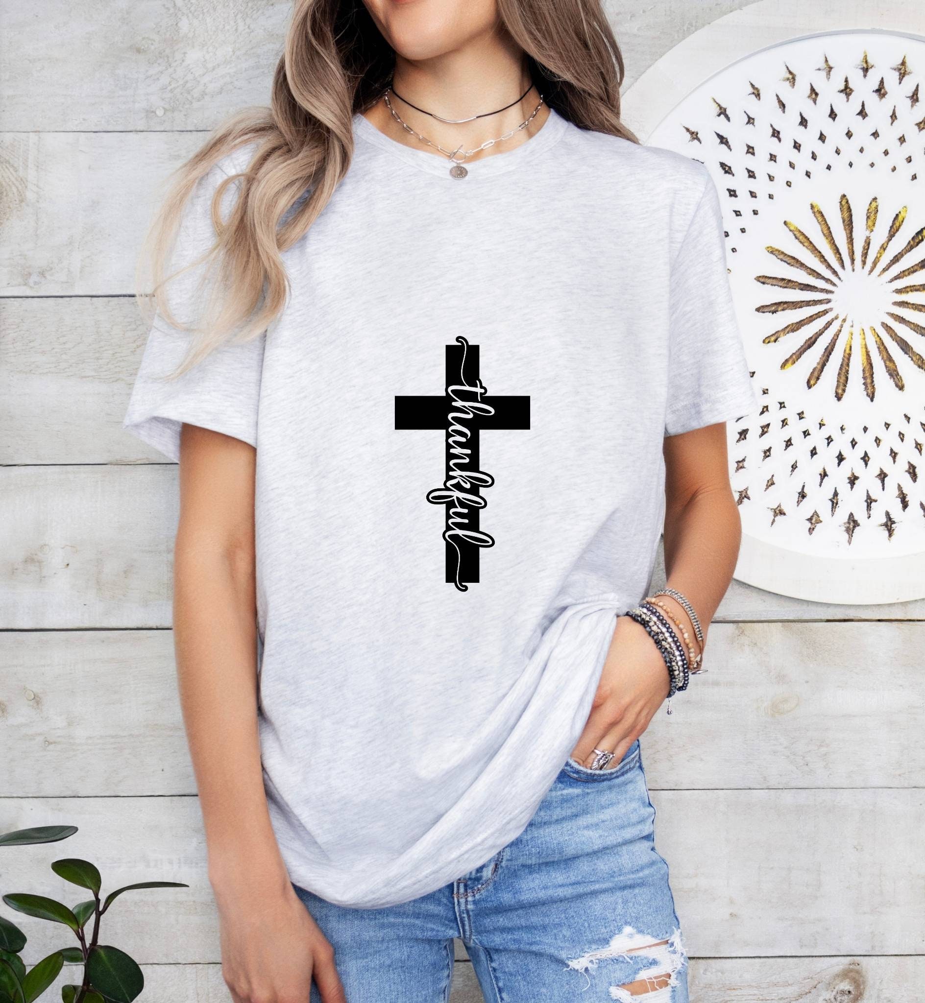Thankful Cross Catholic Boho Church Shirt With Inspirational Bible ...