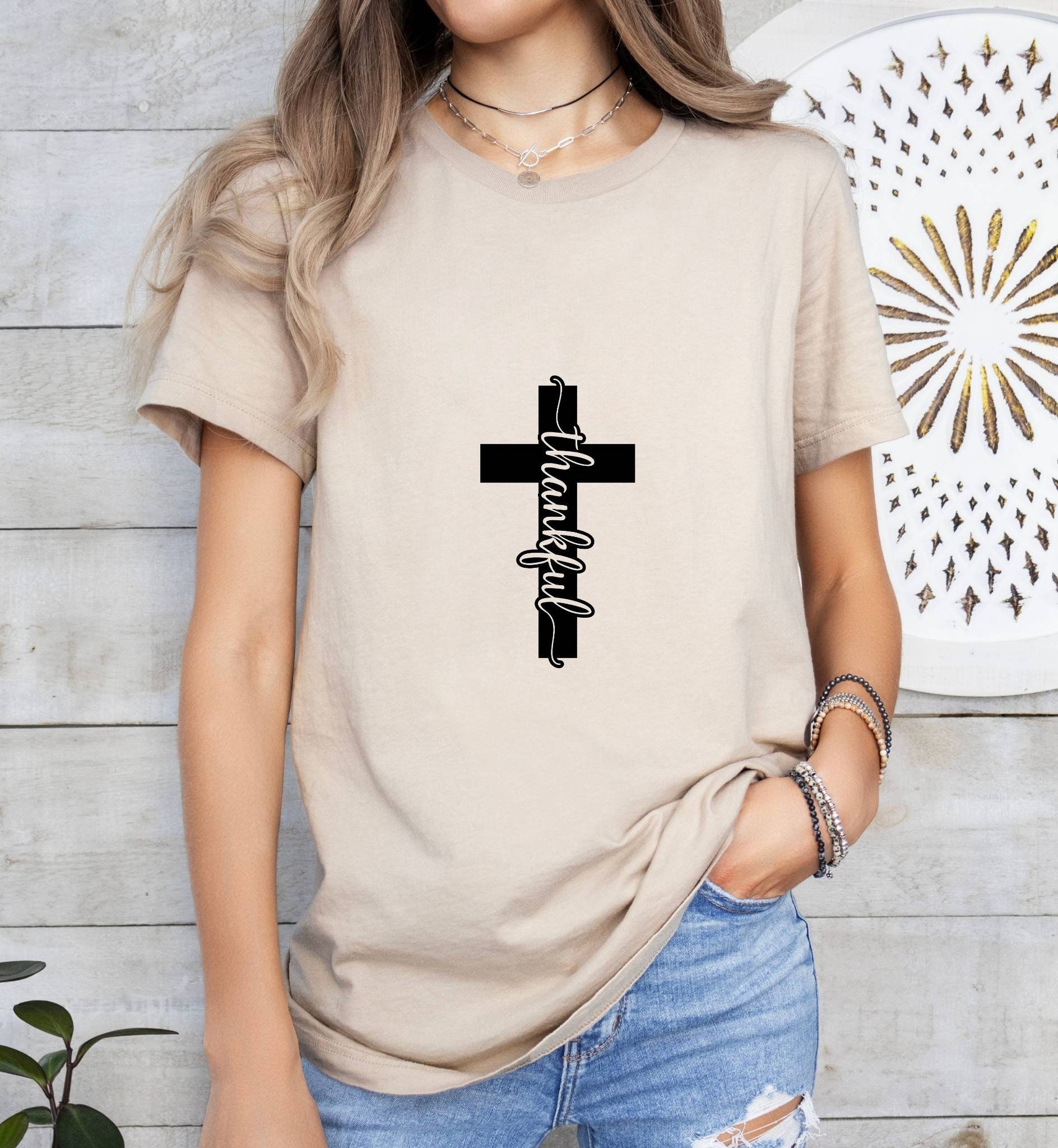Thankful Cross Catholic Boho Church Shirt With Inspirational Bible ...