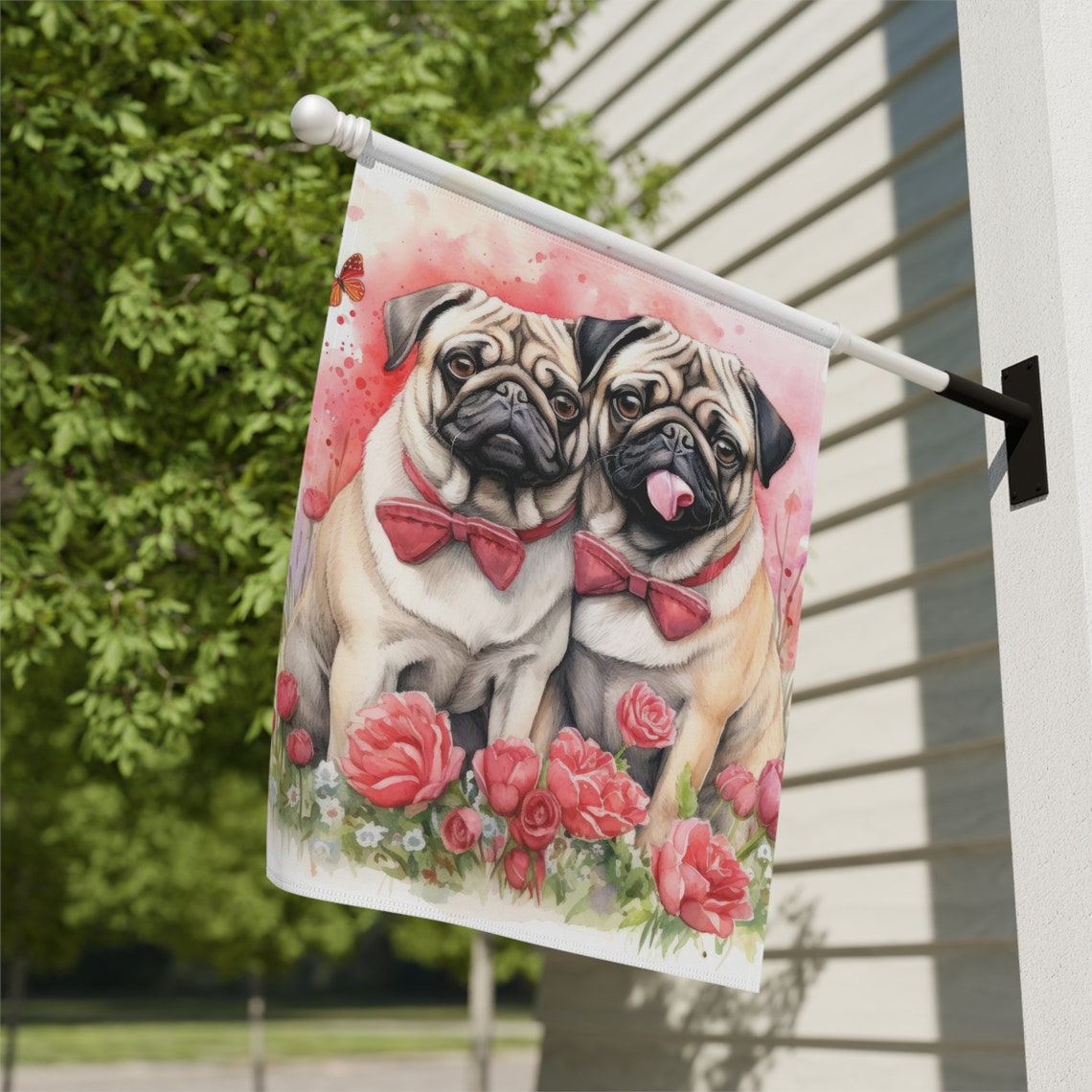 Adorable Pugs Valentines Flag and Banner, Outdoor Decor, Perfect Gift ...