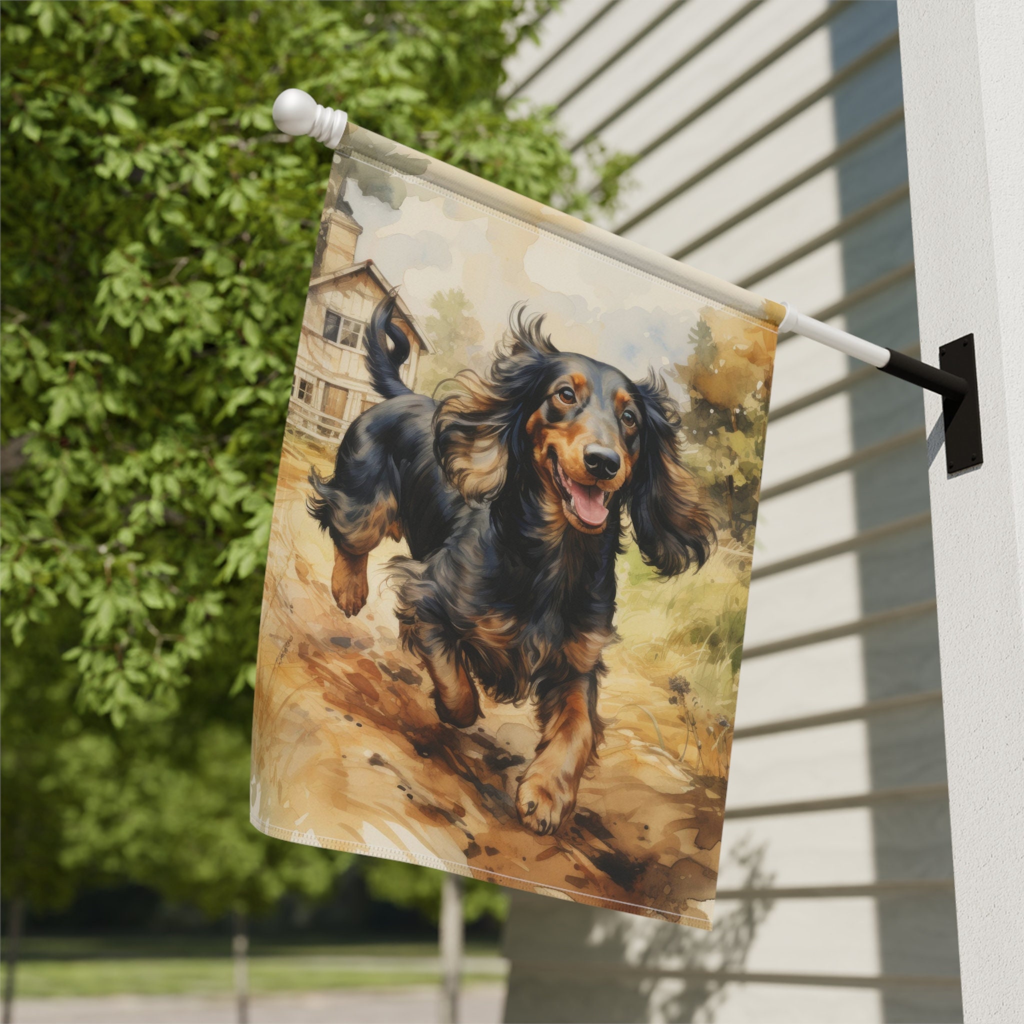 Dachshund Dog Flag, Long-haired Dachshund, Dog Watercolor Art, Garden ...