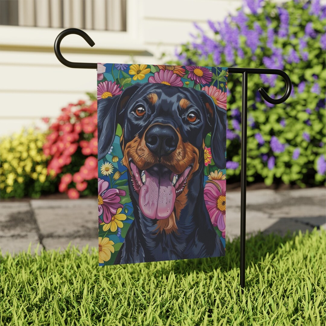 Happy Doberman Pinscher Garden Flag, Dog Welcome Banner, Outdoor Floral ...