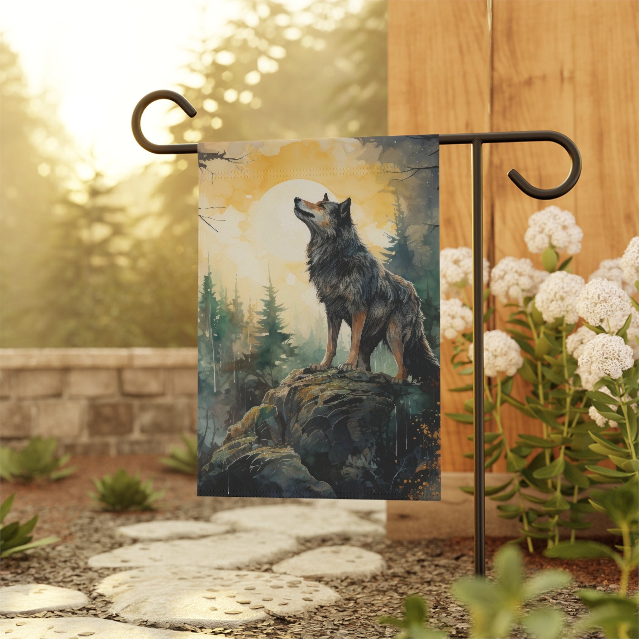 Wolf Garden and House Flag, Wolf at Dawn Flag, Watercolor Wolf Lawn ...
