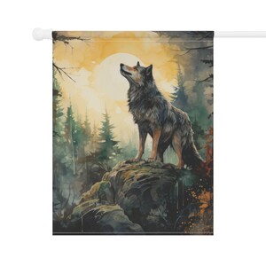 Wolf Garden and House Flag, Wolf at Dawn Flag, Watercolor Wolf Lawn ...