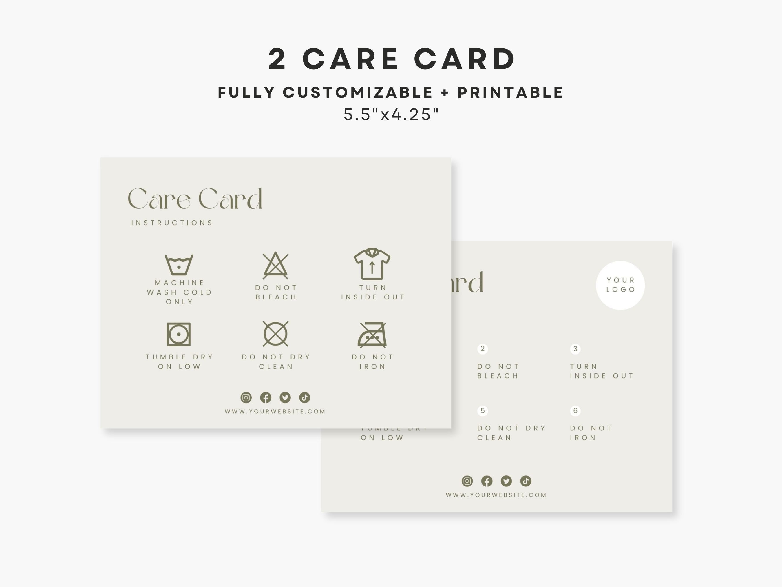 Printable Washing Instructions Card Template, Clothing Care Guide Card ...
