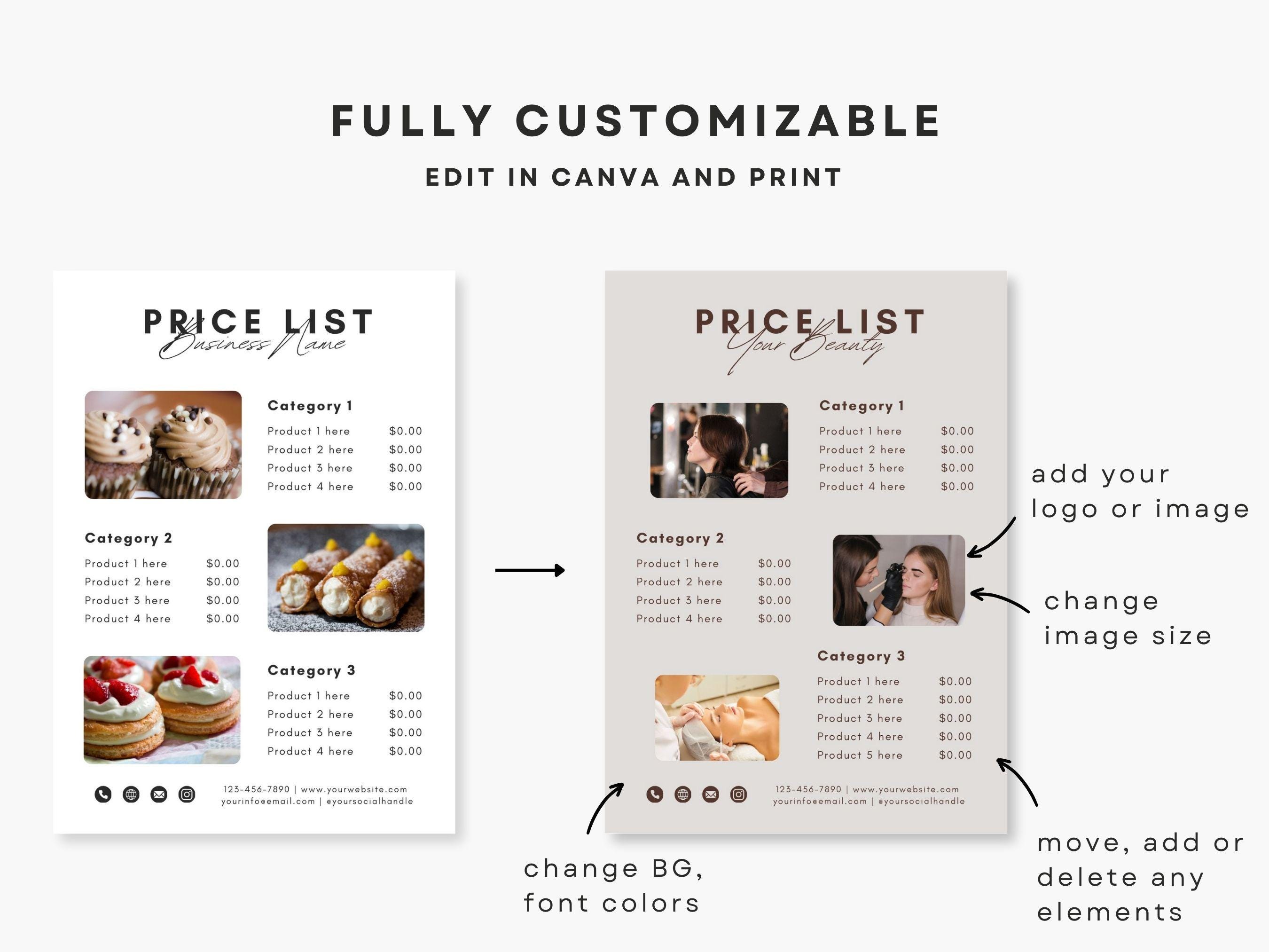 DIY Price List Template, Editable Small Business Price List Design ...