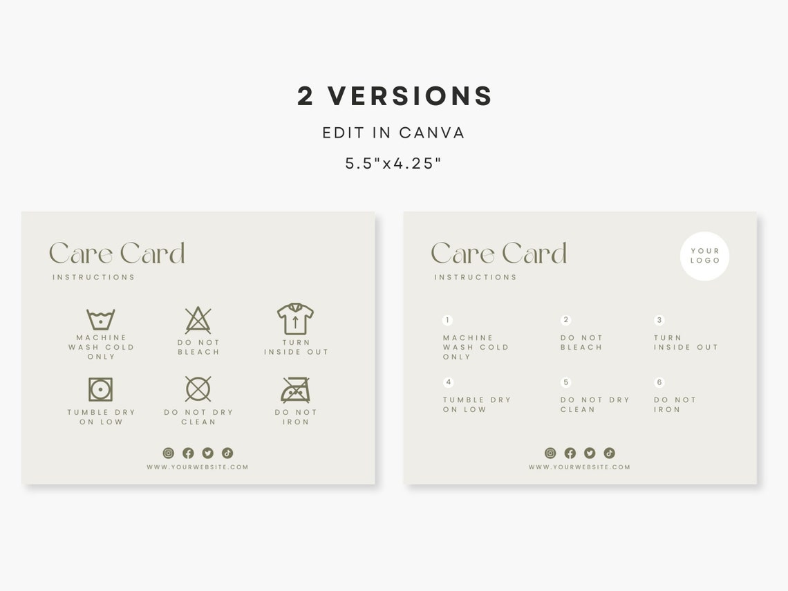 Printable Washing Instructions Card Template, Clothing Care Guide Card ...