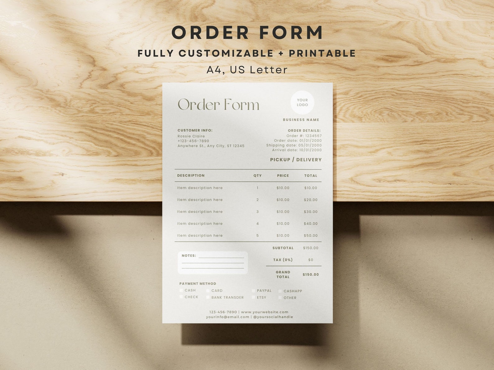 Editable Order Form Template, Purchase Order Form Template, Printable ...