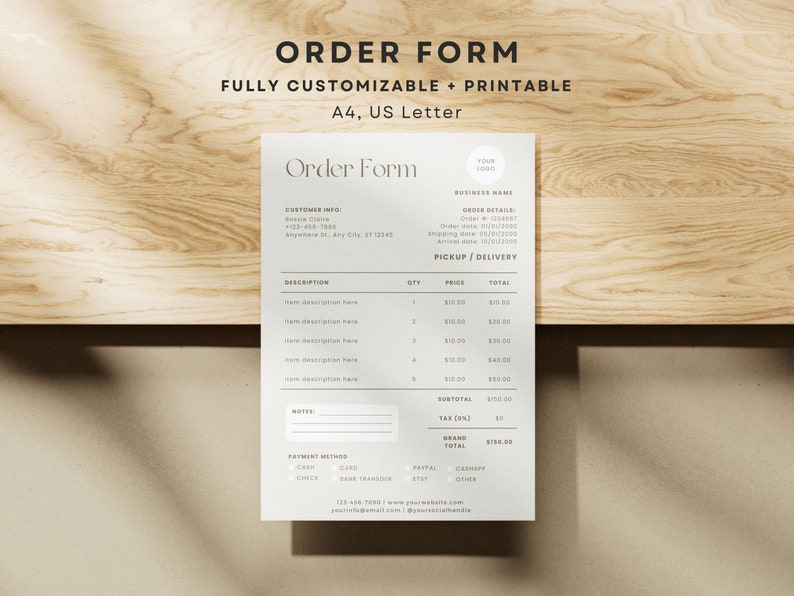 Editable Order Form Template, Purchase Order Form Template, Printable ...