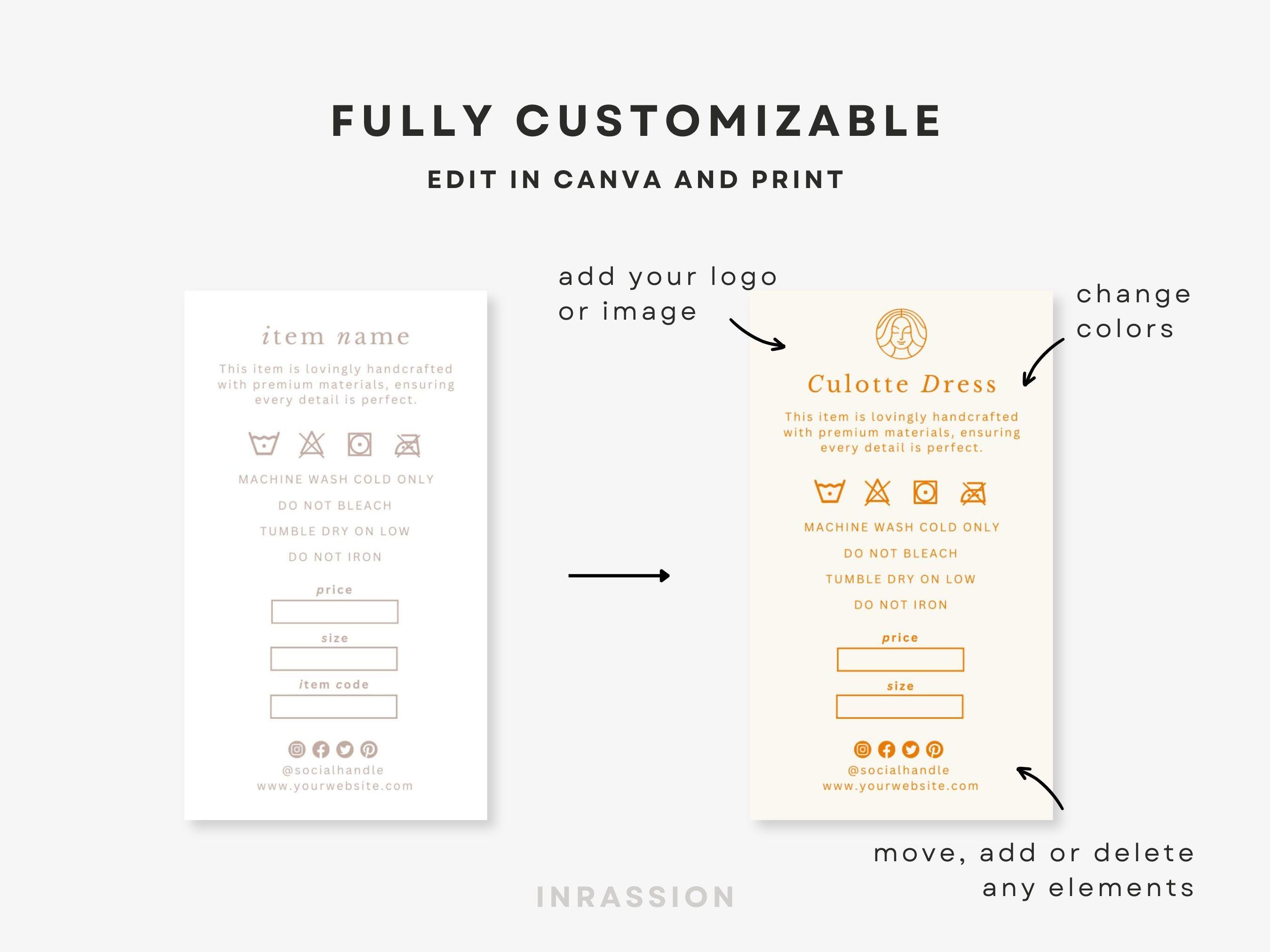 Printable Washing Instructions Card Template, Clothing Care Guide Card ...