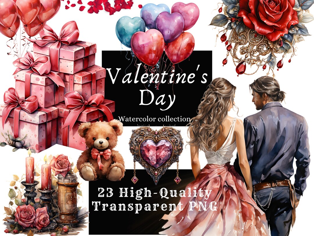 Valentine's Day Watercolor Clipart Set - 23 Transparent Digital ...