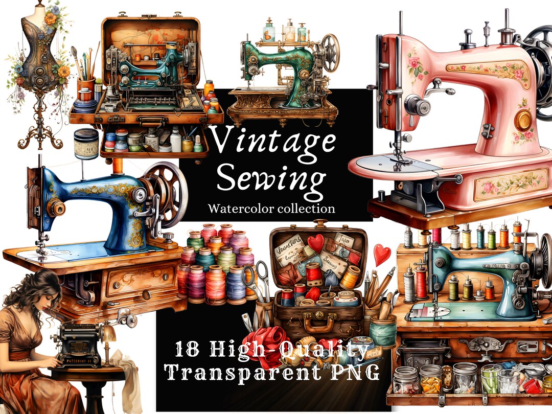 Vintage Sewing Watercolor Clipart Set -18 Transparent Digital PNG ...