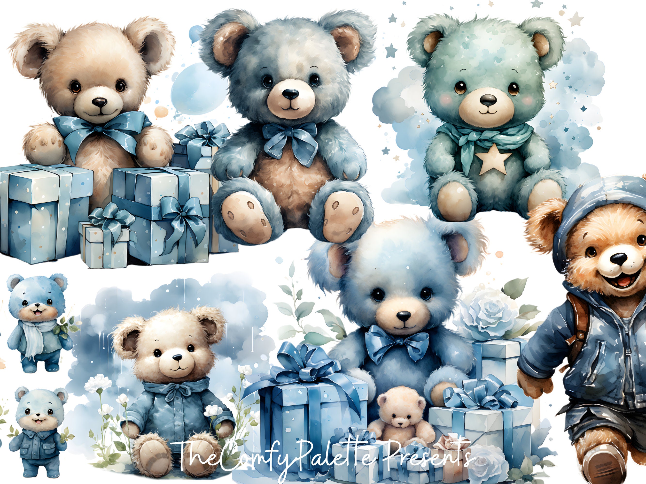 Cute Teddy Bears - Watercolor Clipart Set- 12 Pngs- High-quality ...