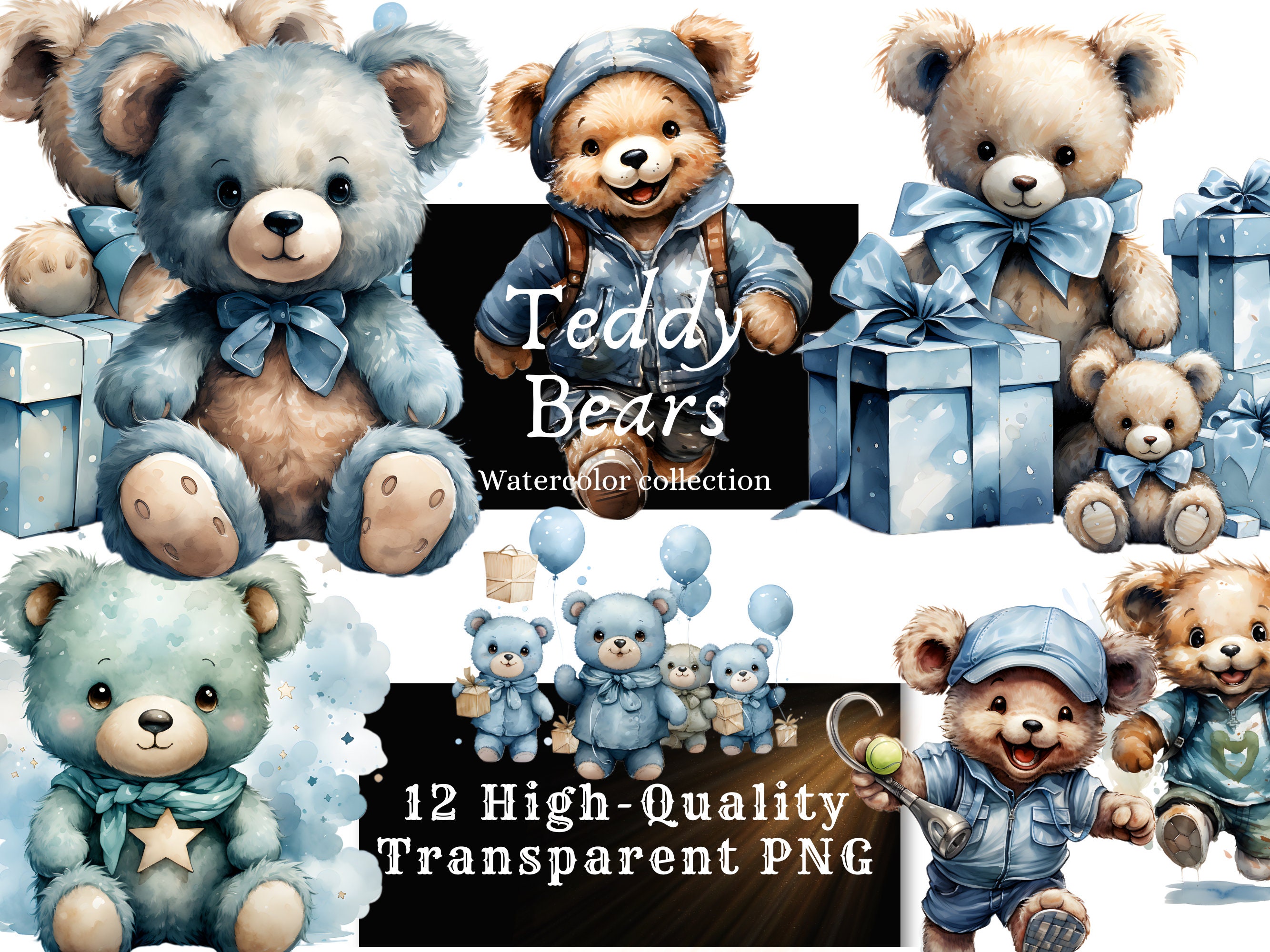 Cute Teddy Bears - Watercolor Clipart Set- 12 Pngs- High-quality ...