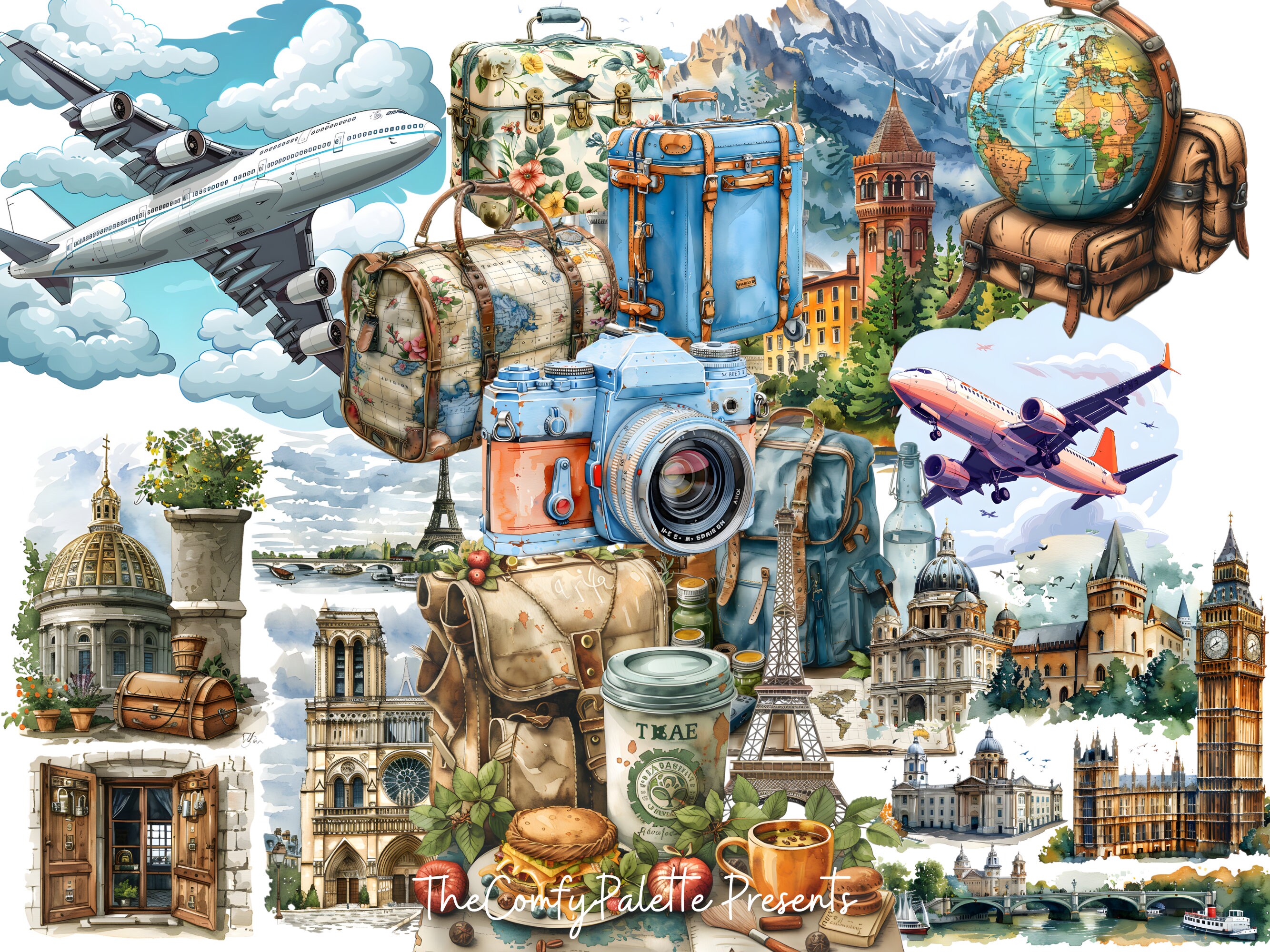 Travel Watercolor Clipart Set -13 Transparent Digital PNG Cliparts - Etsy