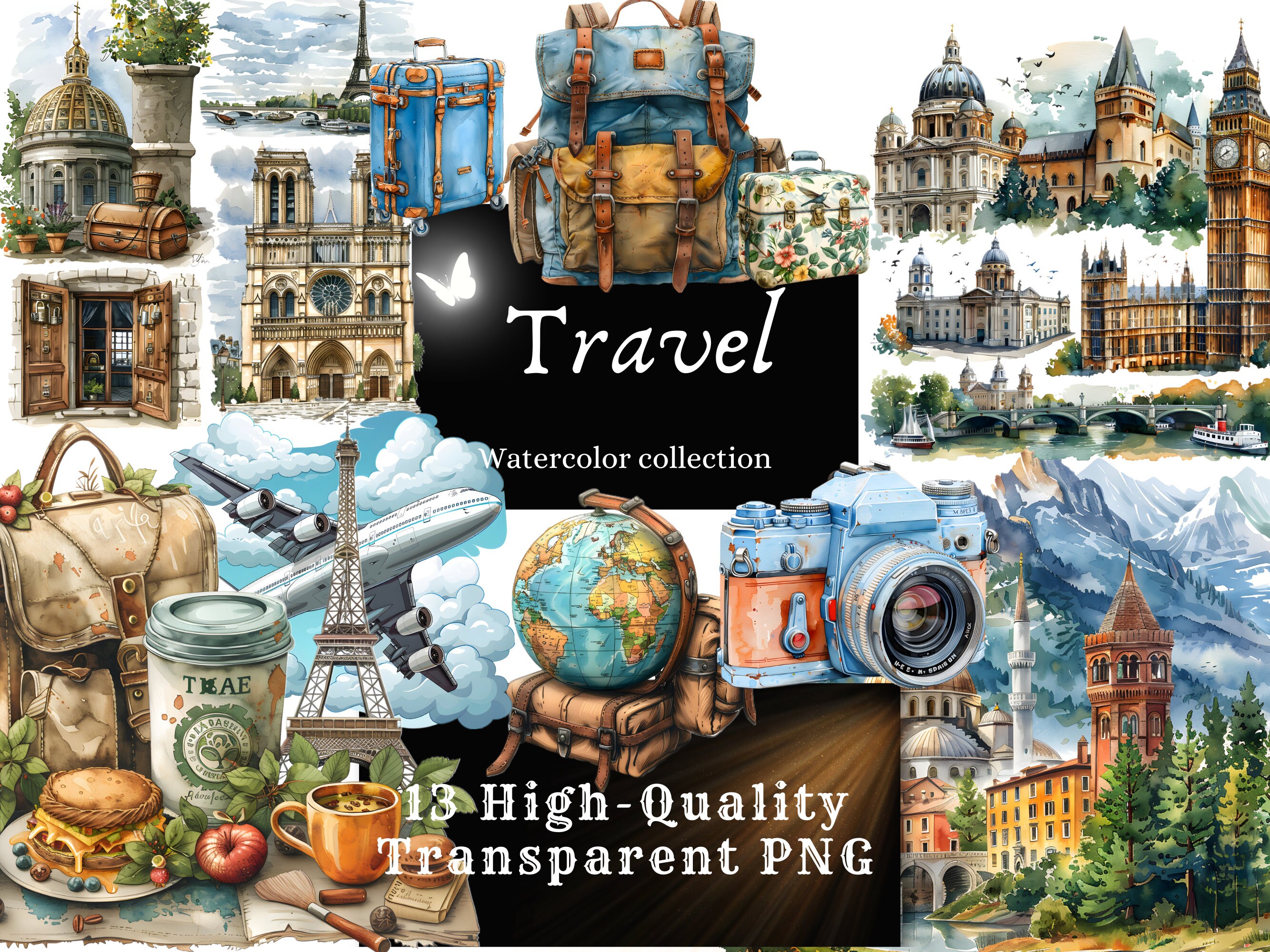 Travel Watercolor Clipart Set 13 Transparent Digital PNG Cliparts - Etsy