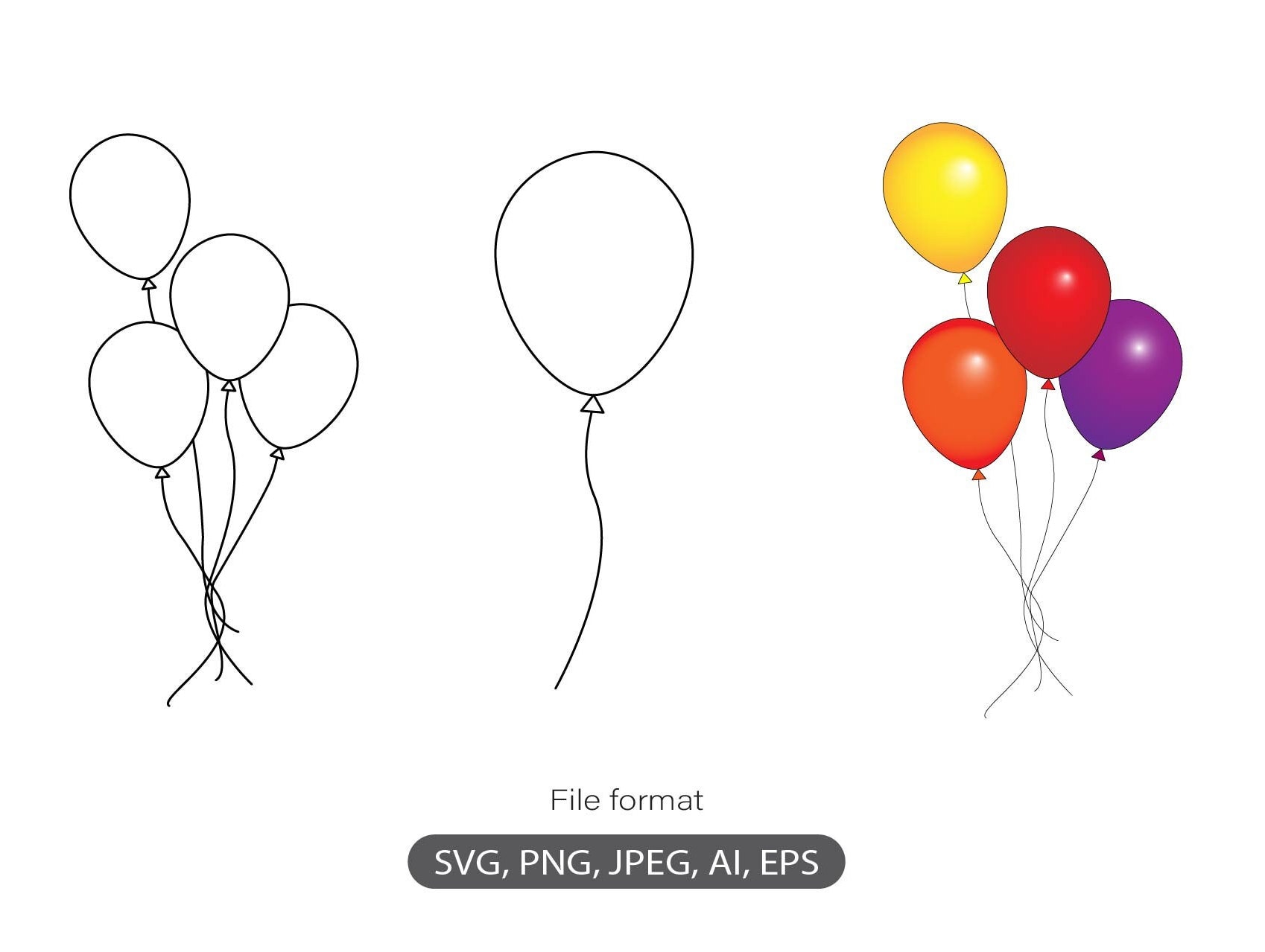 Balloon Svg Clipart, Balloon Bundle of Line Art Colored Balloons for ...