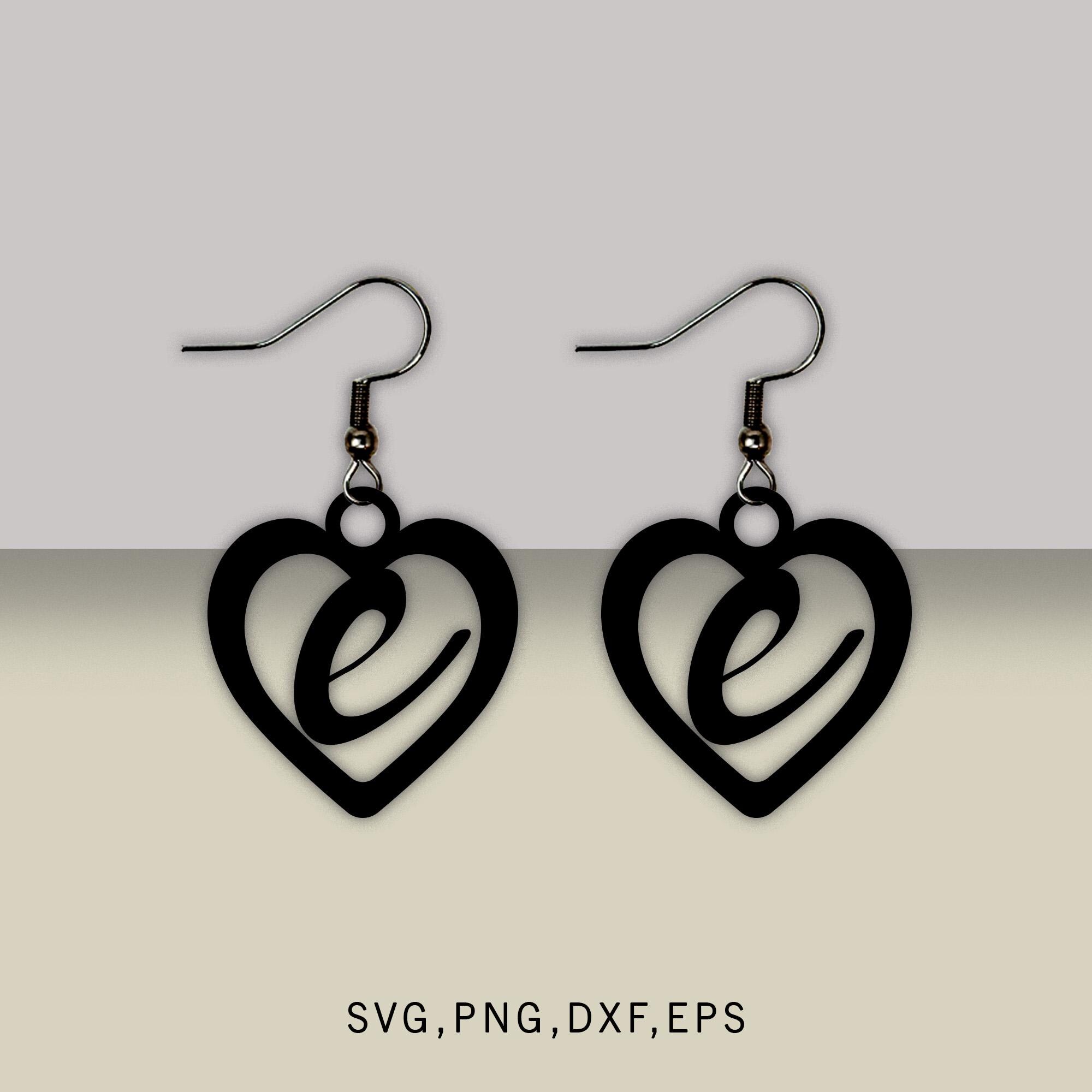 Initial Earrings SVG Alphabet E Earring Laser File, Heart Shape Earring ...