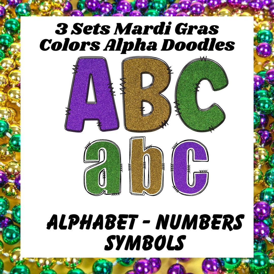 Mardi Gras Glitter Colors Alpha Doodle Bundle, Purple, Gold, Green ...