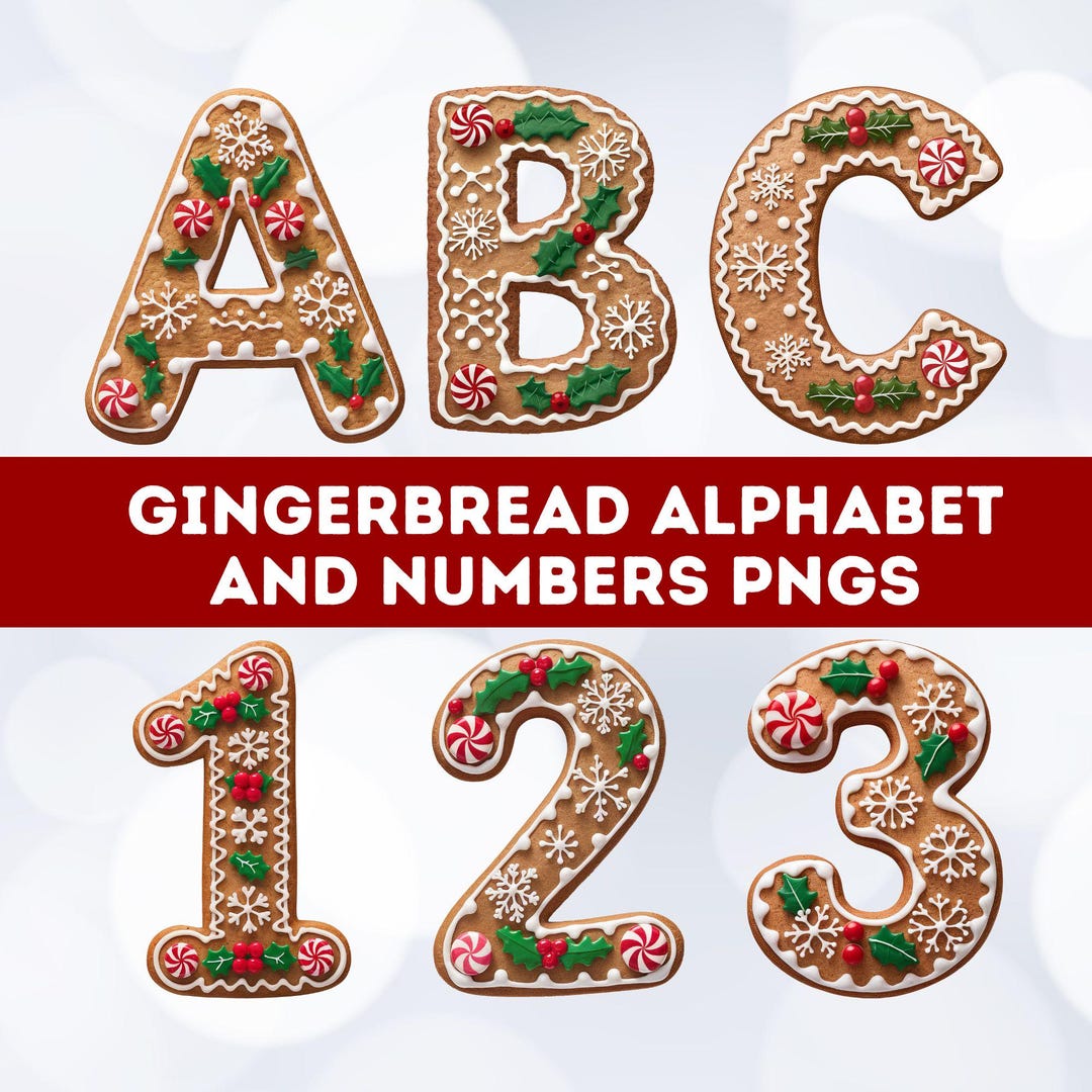 Gingerbread Alphabet and Numbers Clipart Pngs, Christmas Cookie Doodle ...