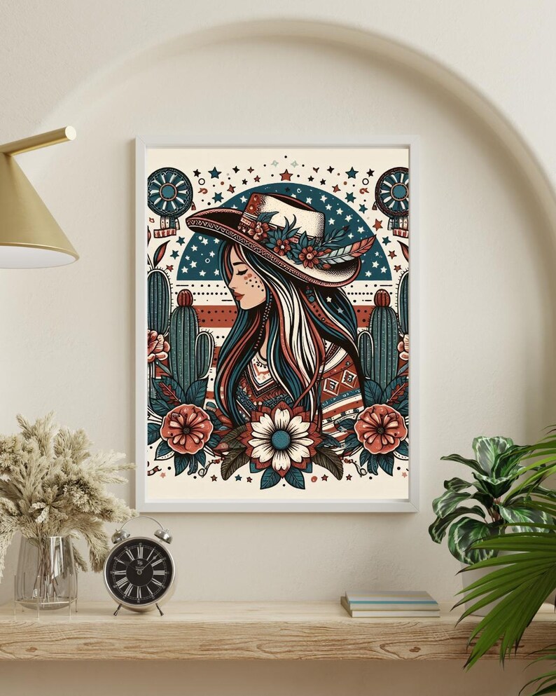 Boho Cowgirl, Rustic Western Art With Patriotic Touch, Digital Wall Art ...