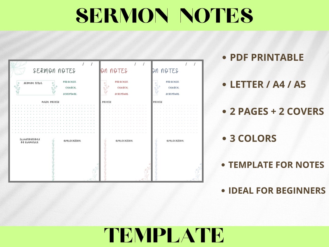 Sermon Notes Template Floral Version 3 Colors A4 A5 Letter PDF ...