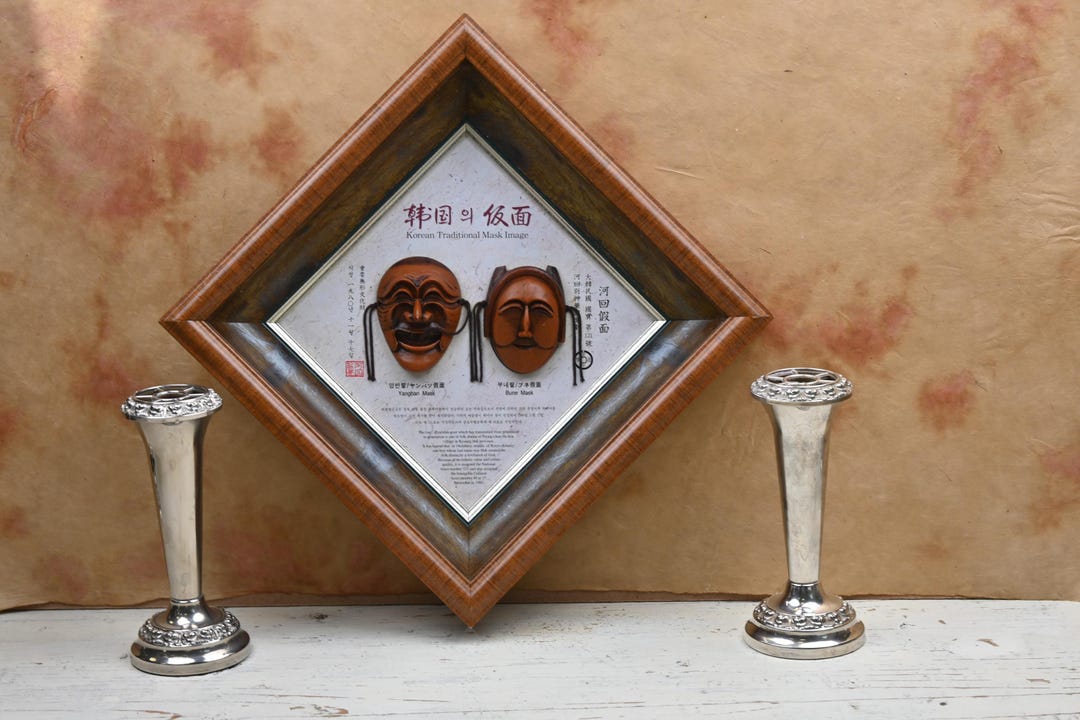 Vintage Korean Traditional Handmade Set of Two Wooden Hahoe Mask for ...