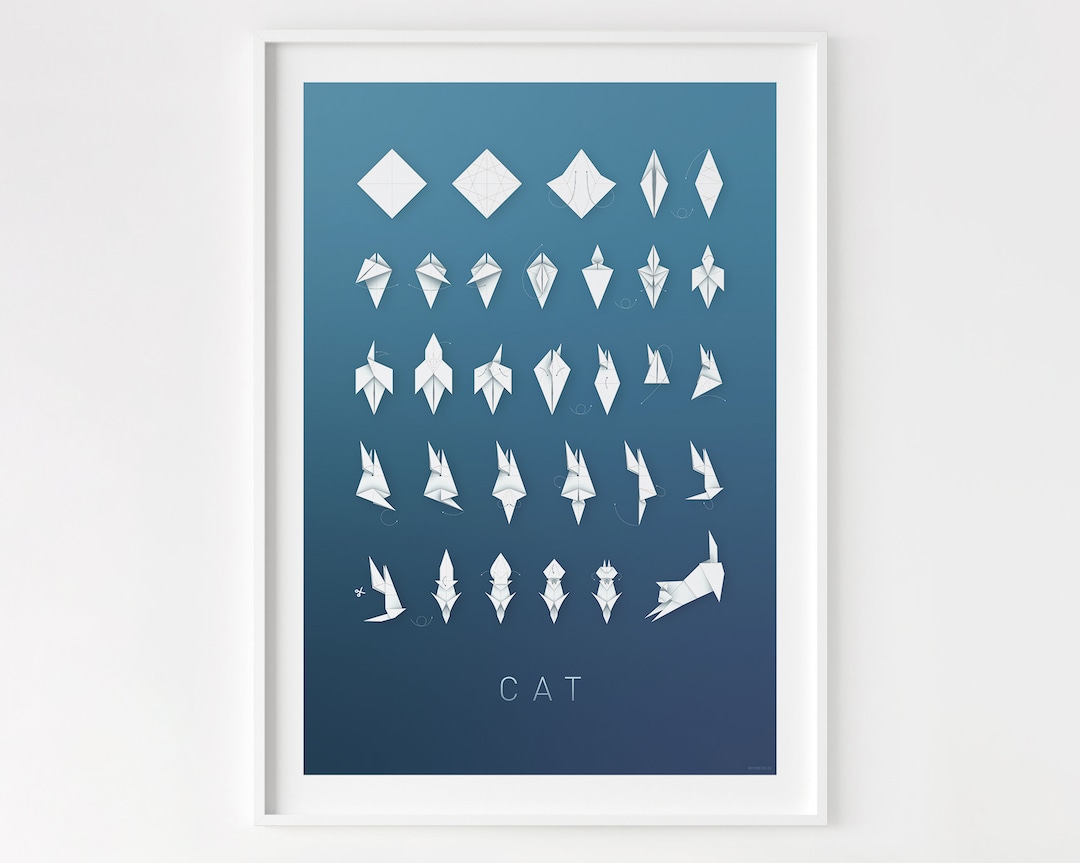 Paper Cat Diagrams Poster, Origami Animal Print, Paper Folding, Origami ...
