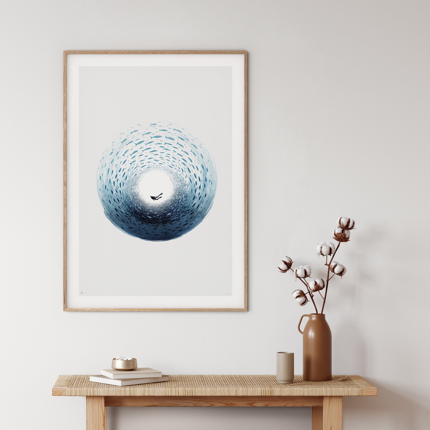 Deep Diver Poster, Fish Art Print, Swarm of Fish, Minimal Art Print ...