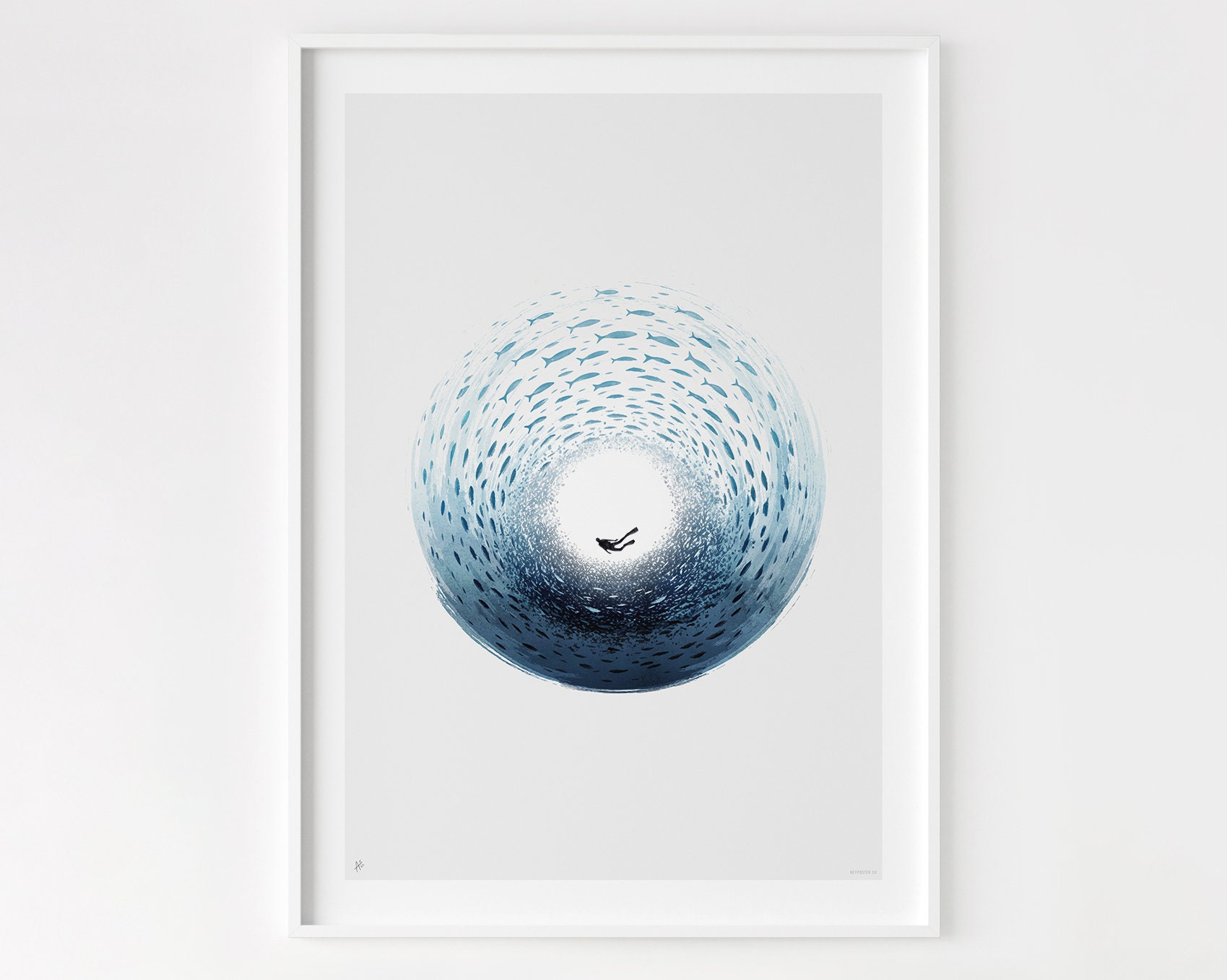 Deep Diver Poster, Fish Art Print, Swarm of Fish, Minimal Art Print ...
