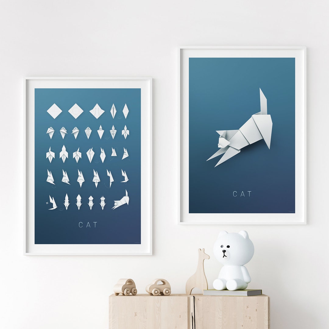 Paper Cat Poster • Set of 2 Posters • Origami Animal Print • Origami ...