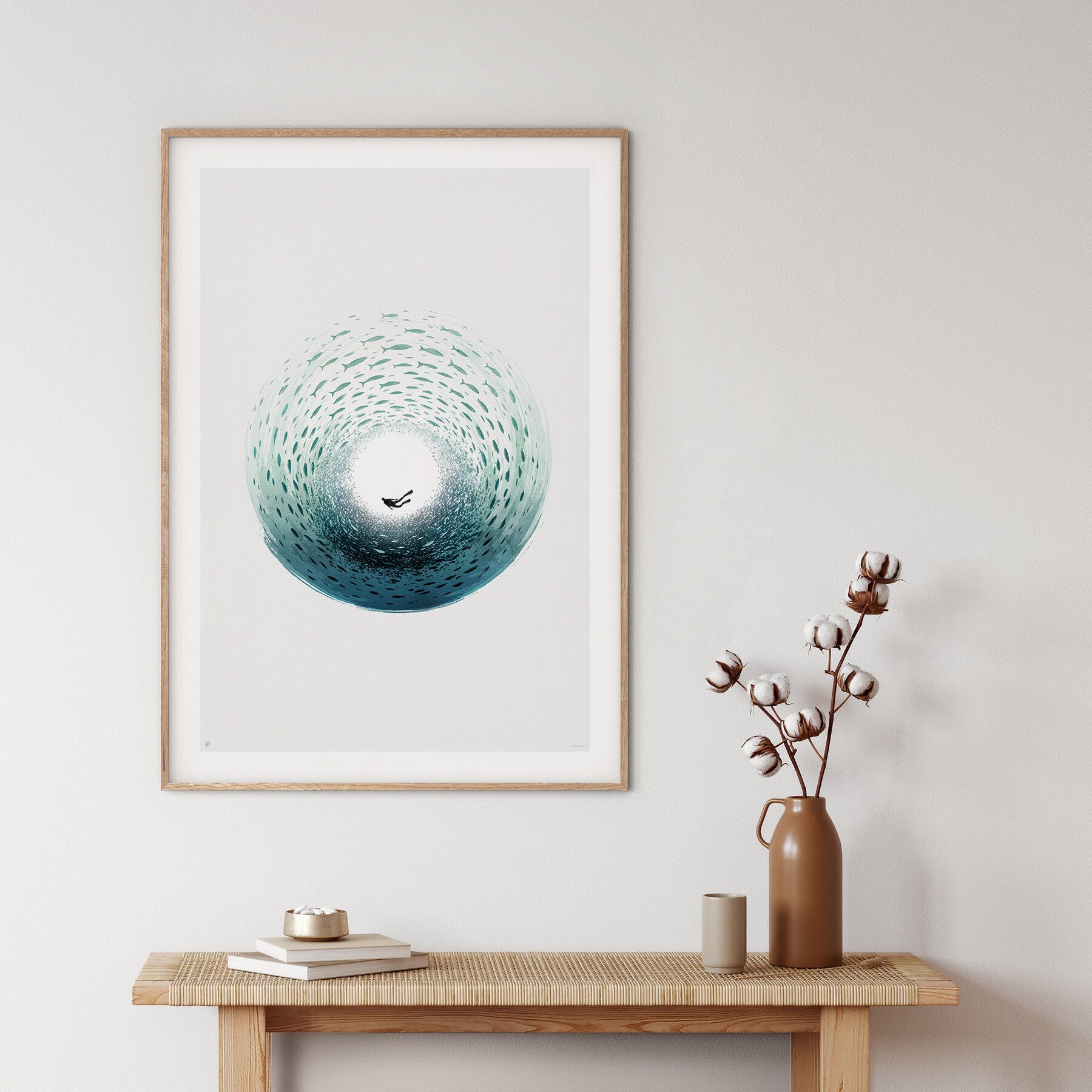 Deep Diver Poster, Fish Art Print, Swarm of Fish, Minimal Art Print ...