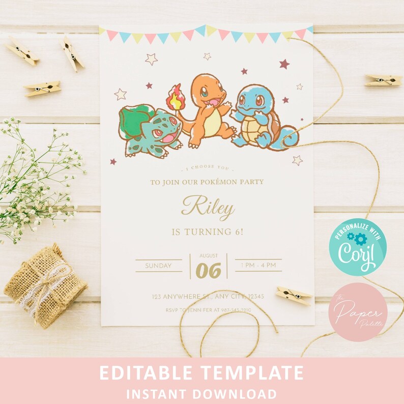 Birthday Invitation | EDITABLE TEMPLATE | Pokemon Bulbasaur Charmander ...