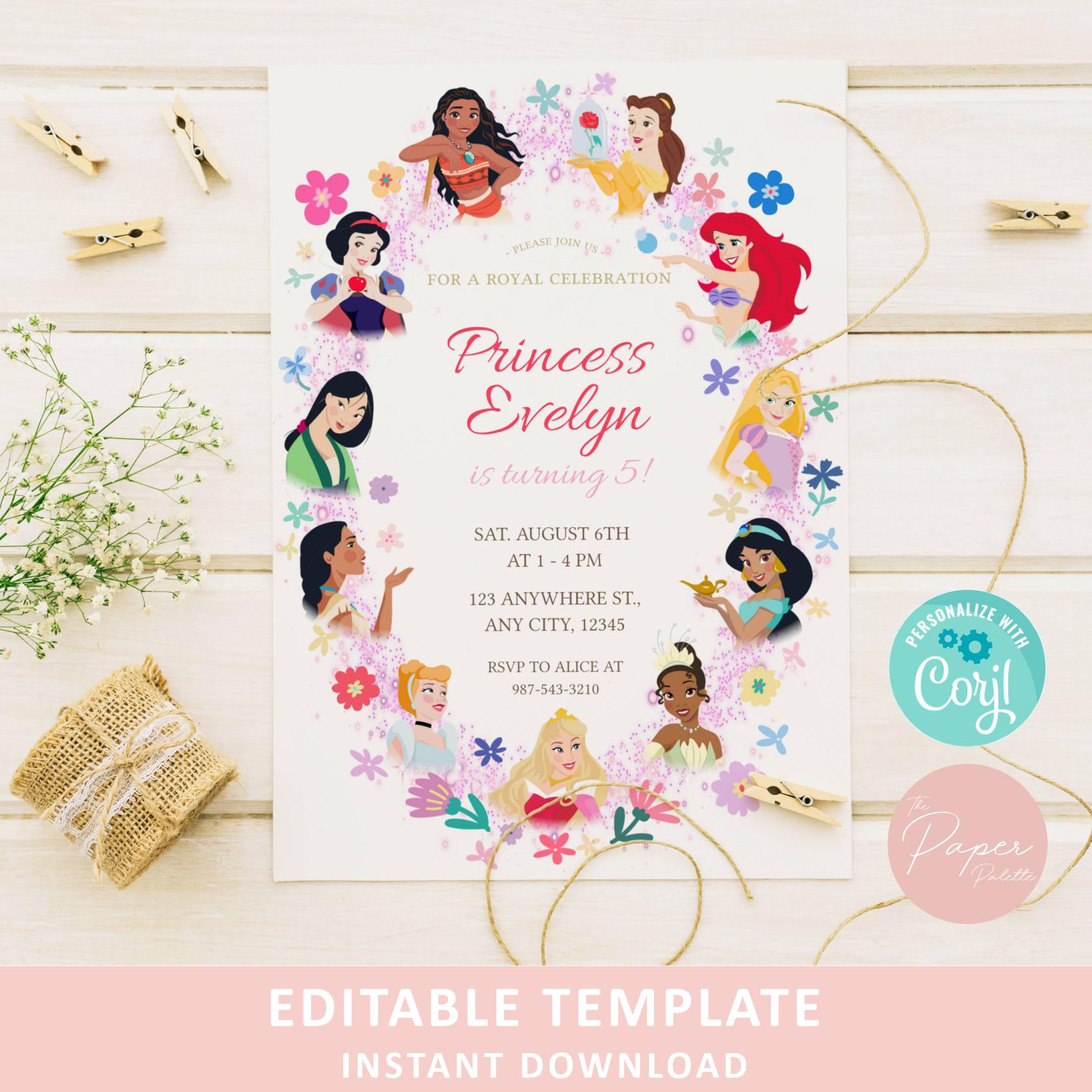 Birthday Invitation | EDITABLE TEMPLATE | Disney Princesses Frame - Etsy