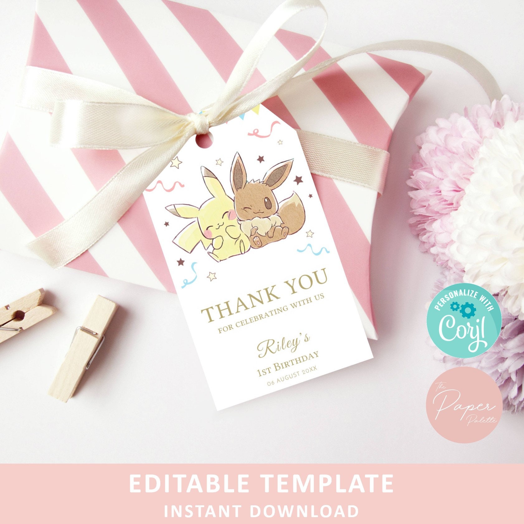 Thank You Long Tag | EDITABLE TEMPLATE | Pokemon Pikachu Eevee - Etsy