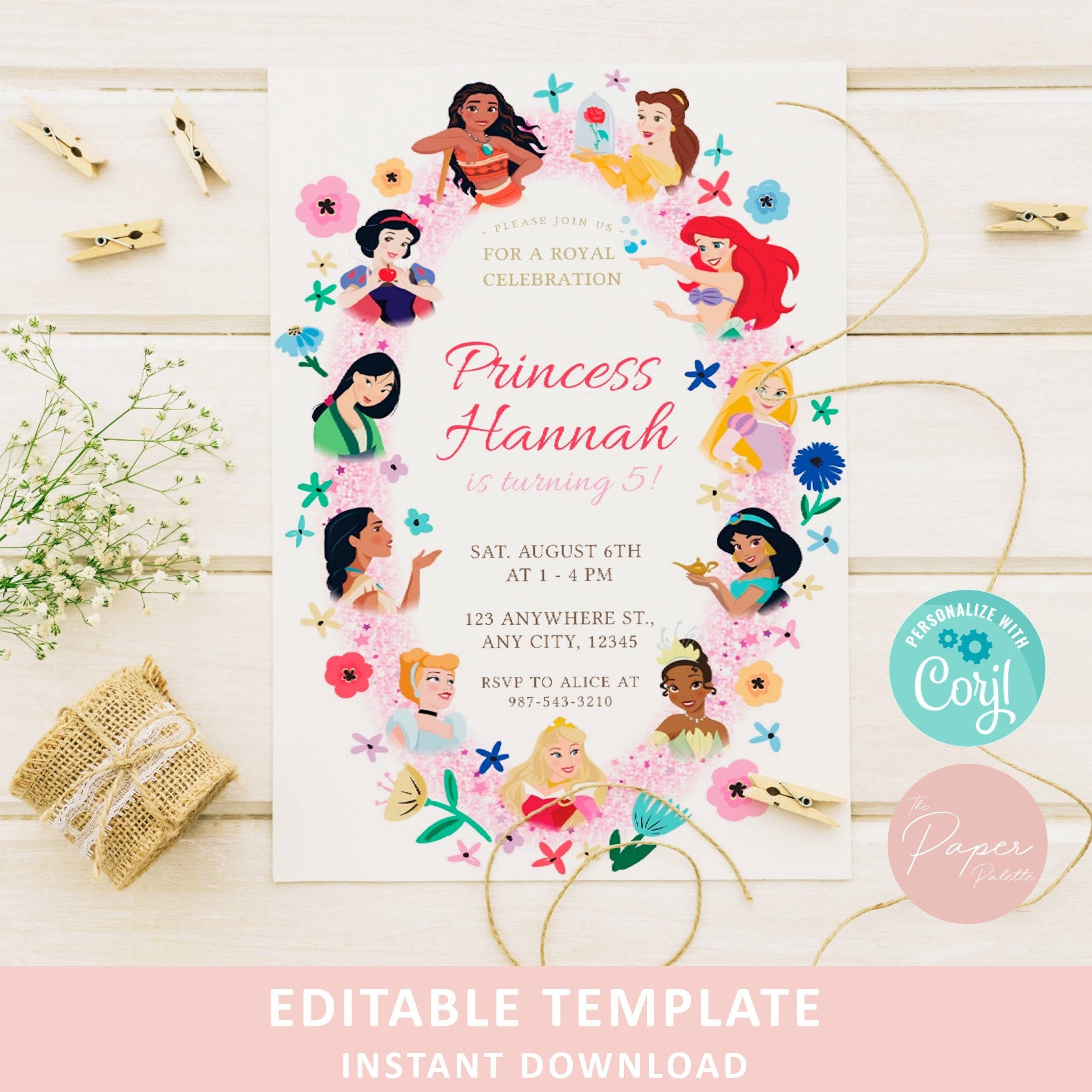 Birthday Invitation | EDITABLE TEMPLATE | Disney Princesses Frame - Etsy