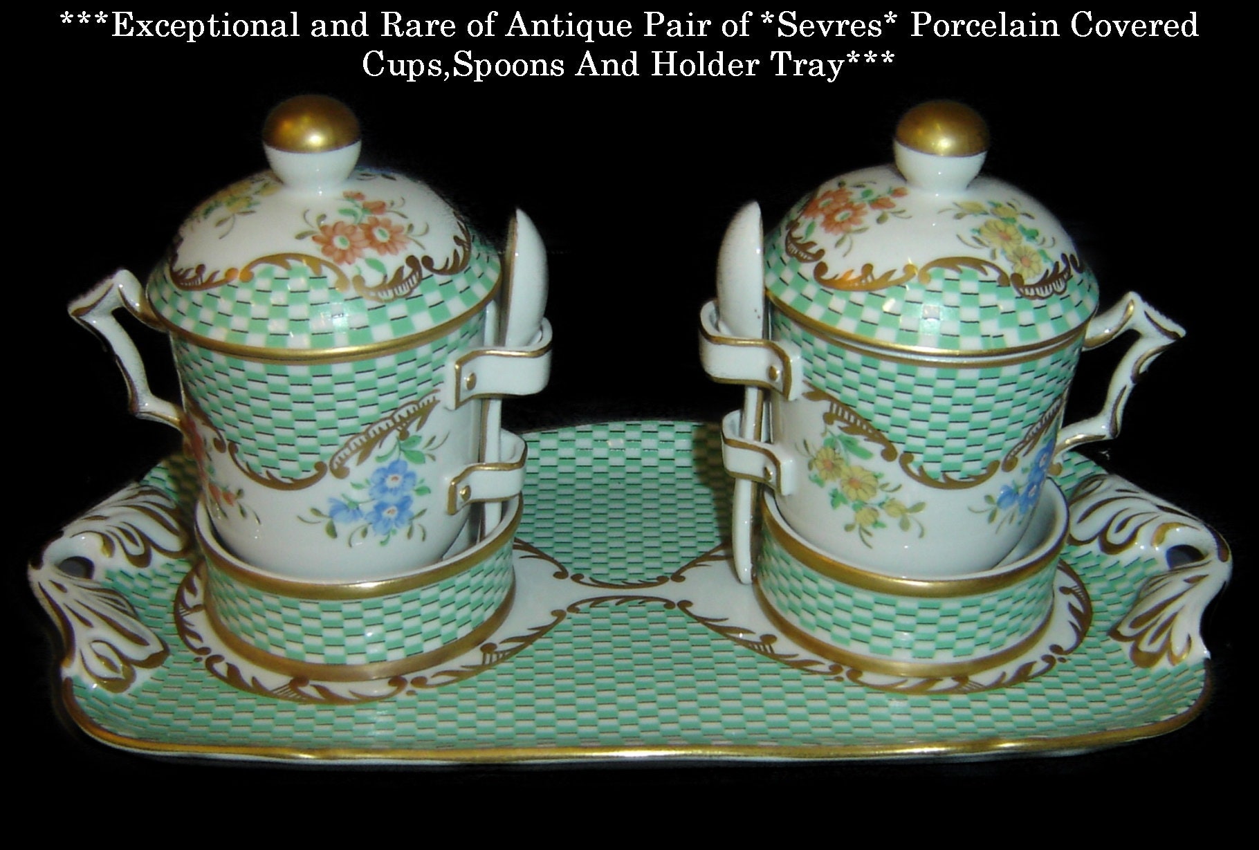 Fabulous and Rare Sevres Porcelain Pair of Covered Cups With Spoons and ...