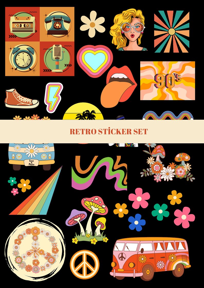 Retro Bohemian Aesthetic Pink and Orange Designs Sticker Set Digital ...
