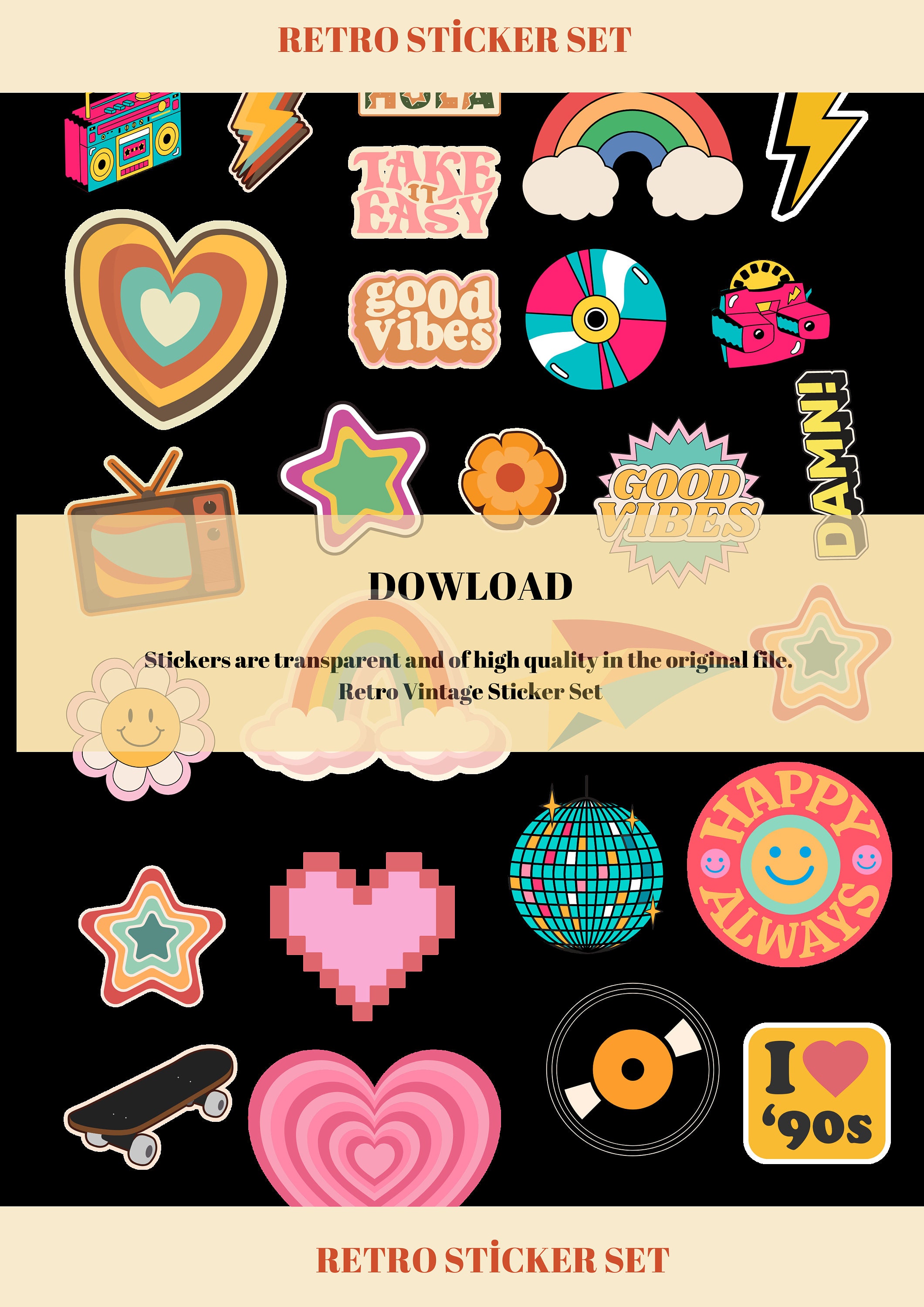Retro Bohemian Aesthetic Pink and Orange Designs Sticker Set Digital ...