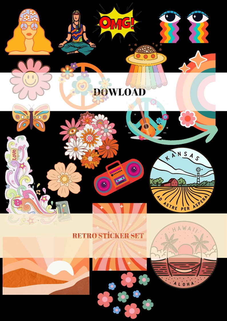 Retro Bohemian Aesthetic Pink and Orange Designs Sticker Set Digital ...