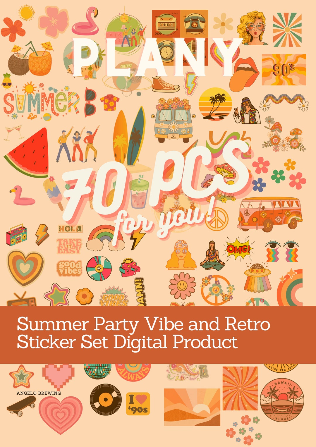 Summer Party Vibe and Retro Orange Sticker Set, Digital Product, 70 Pcs ...