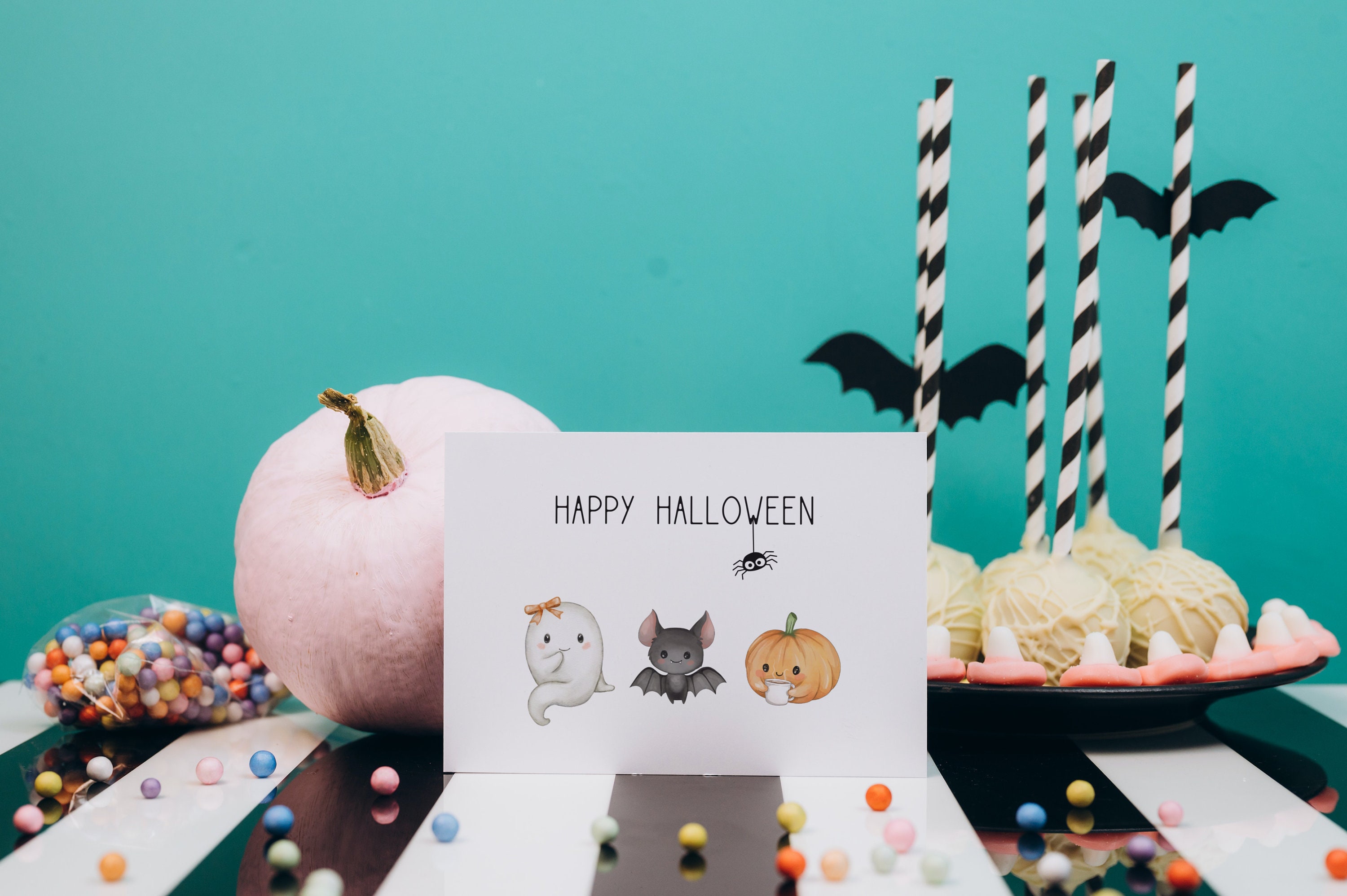 Cute Halloween Card | Printable Ghost, Bat & Pumpkin (PDF) - Etsy