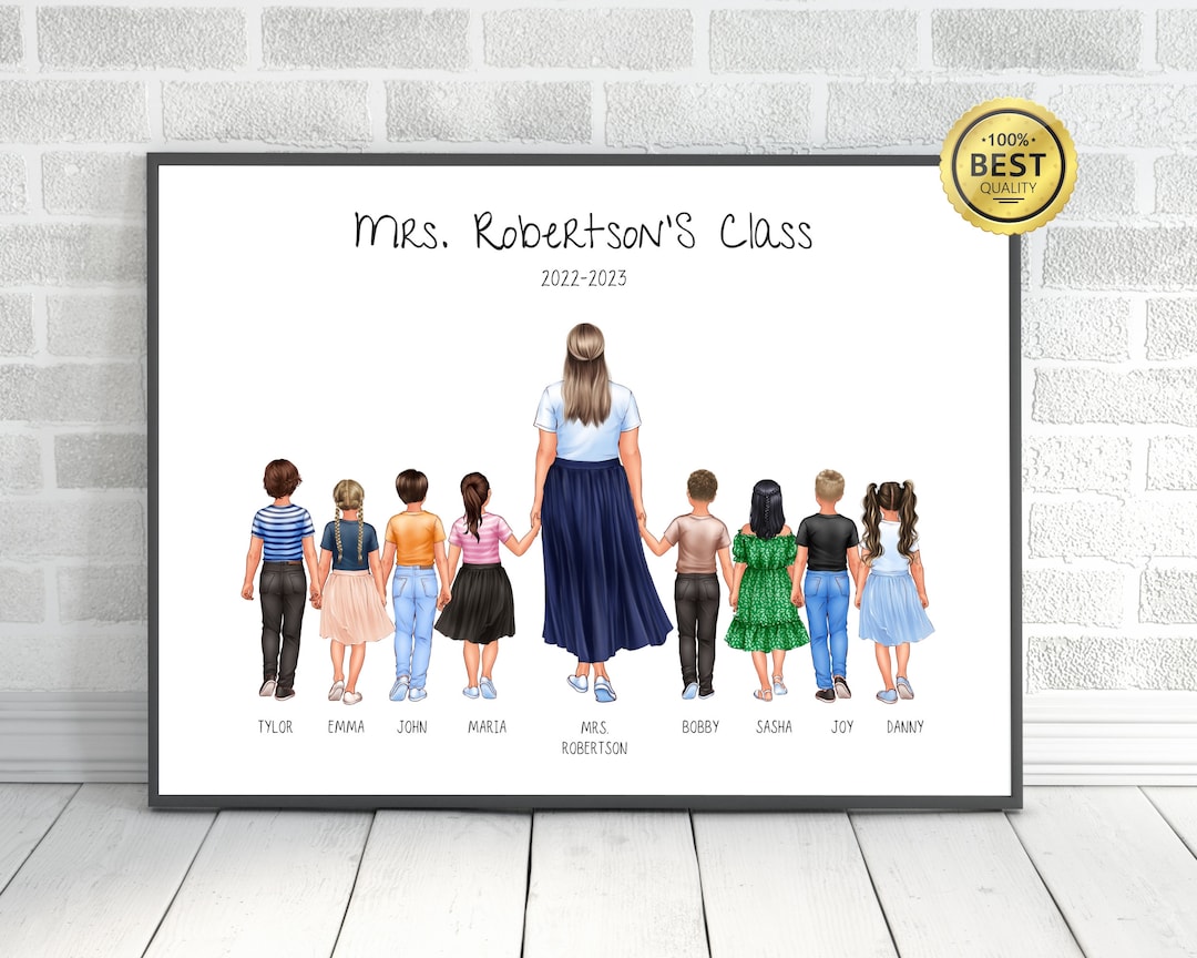 Personalised Teacher Class Gift, Teacher and Students Portrait, Class ...