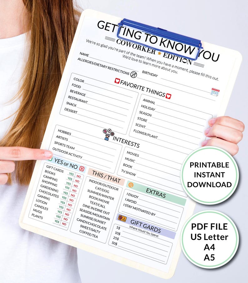 Team Building Get to Know Me Questionnaire Printable for Coworker - Etsy