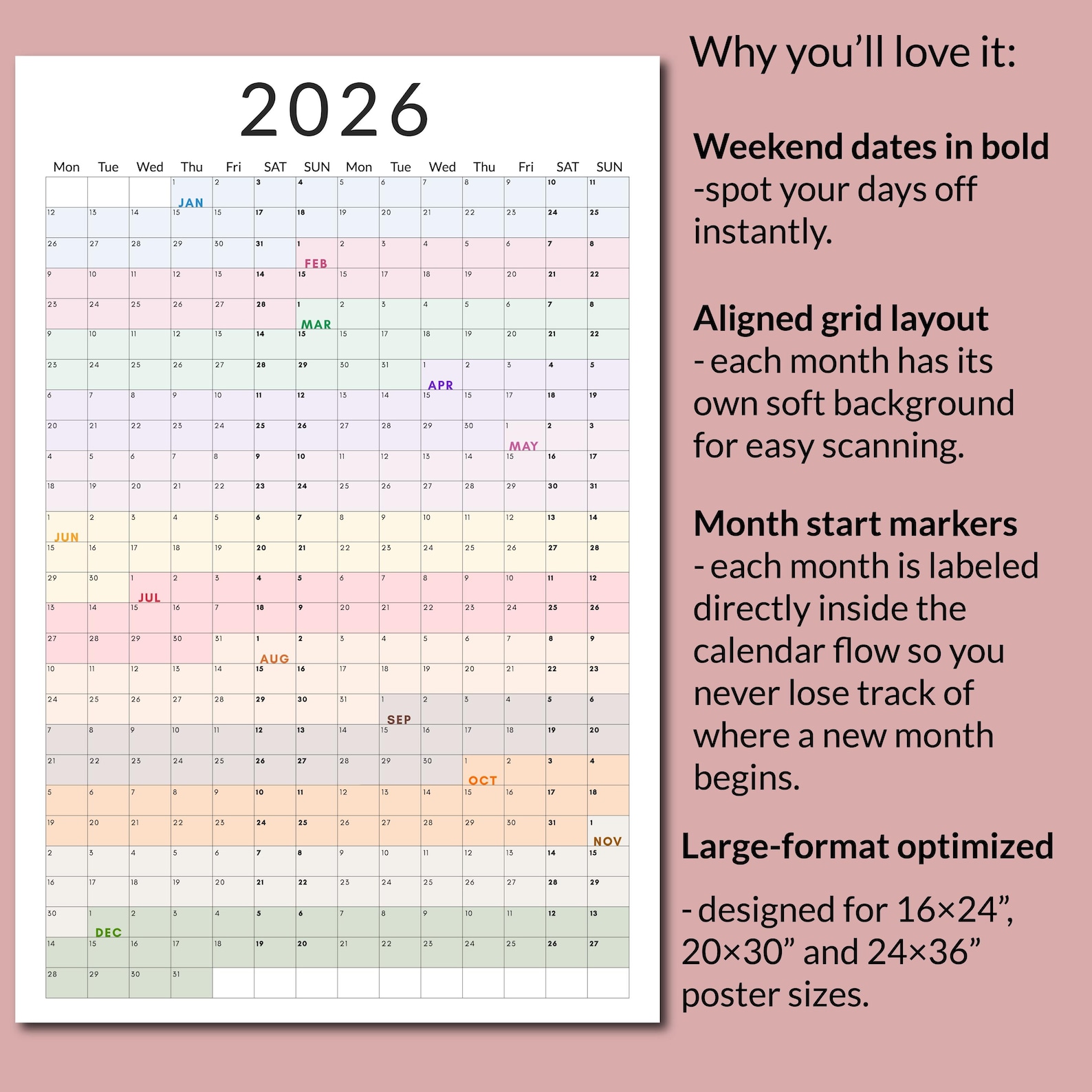 2026 Wall Calendar One Page Print, 365 Days Calendar Poster - Etsy